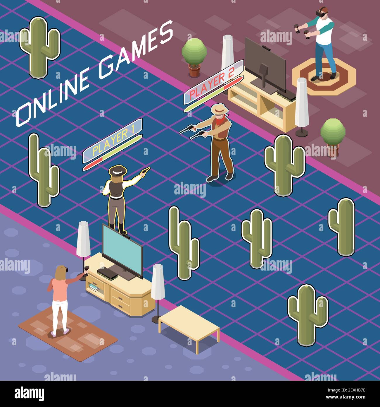 Gaming gamers isometric composition with view of people playing battle ...
