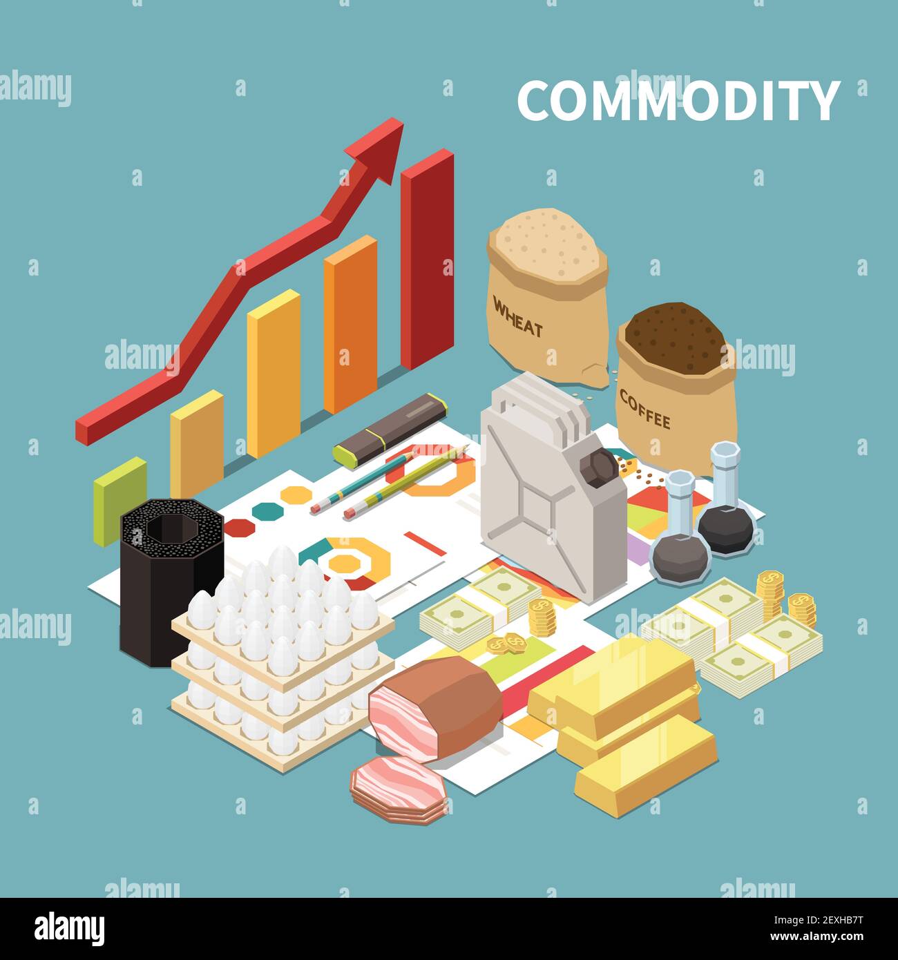 Commodity isometric composition with images of manufactured goods and ...