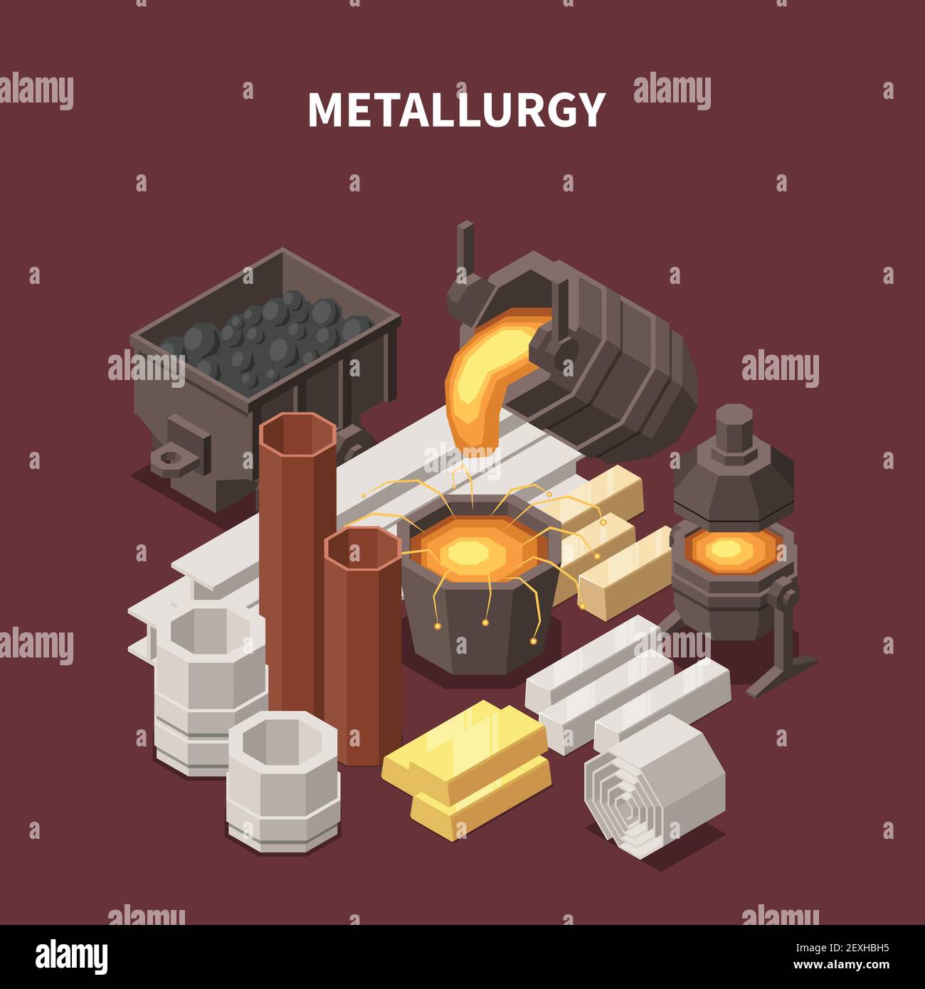 Commodity isometric composition with images of fire pots tubes waggons ...