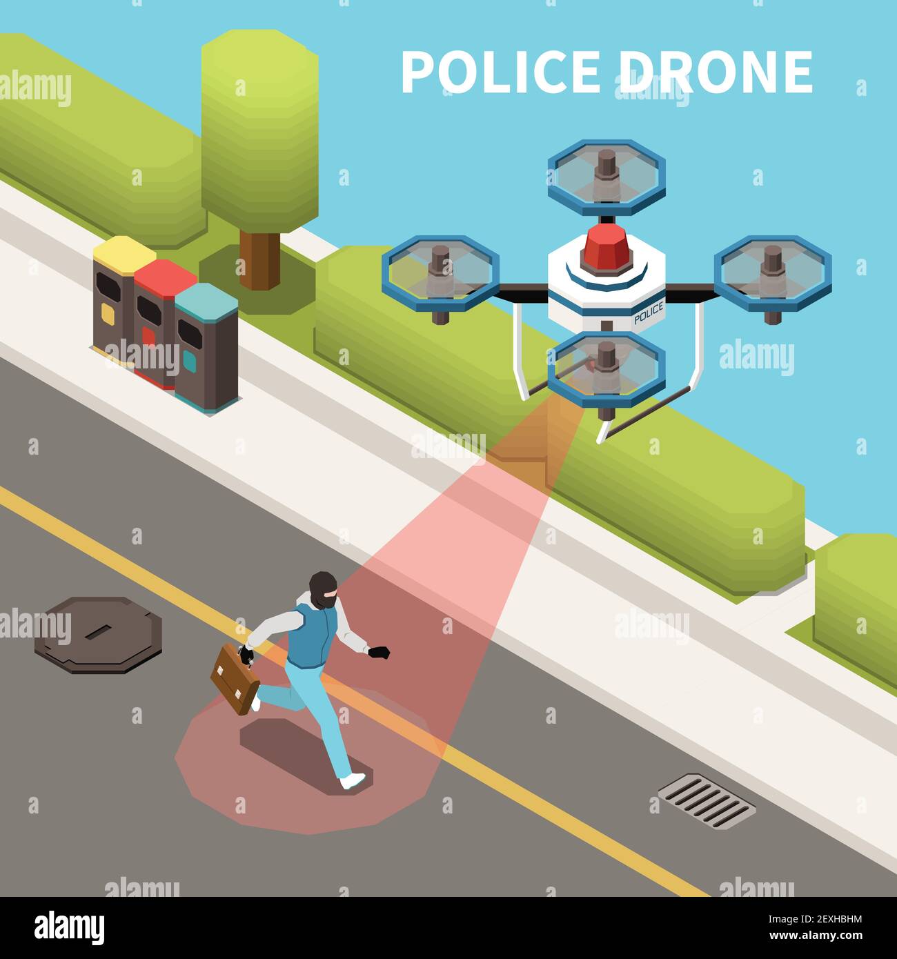 Drones quadrocopters isometric composition with outdoor view of police ...