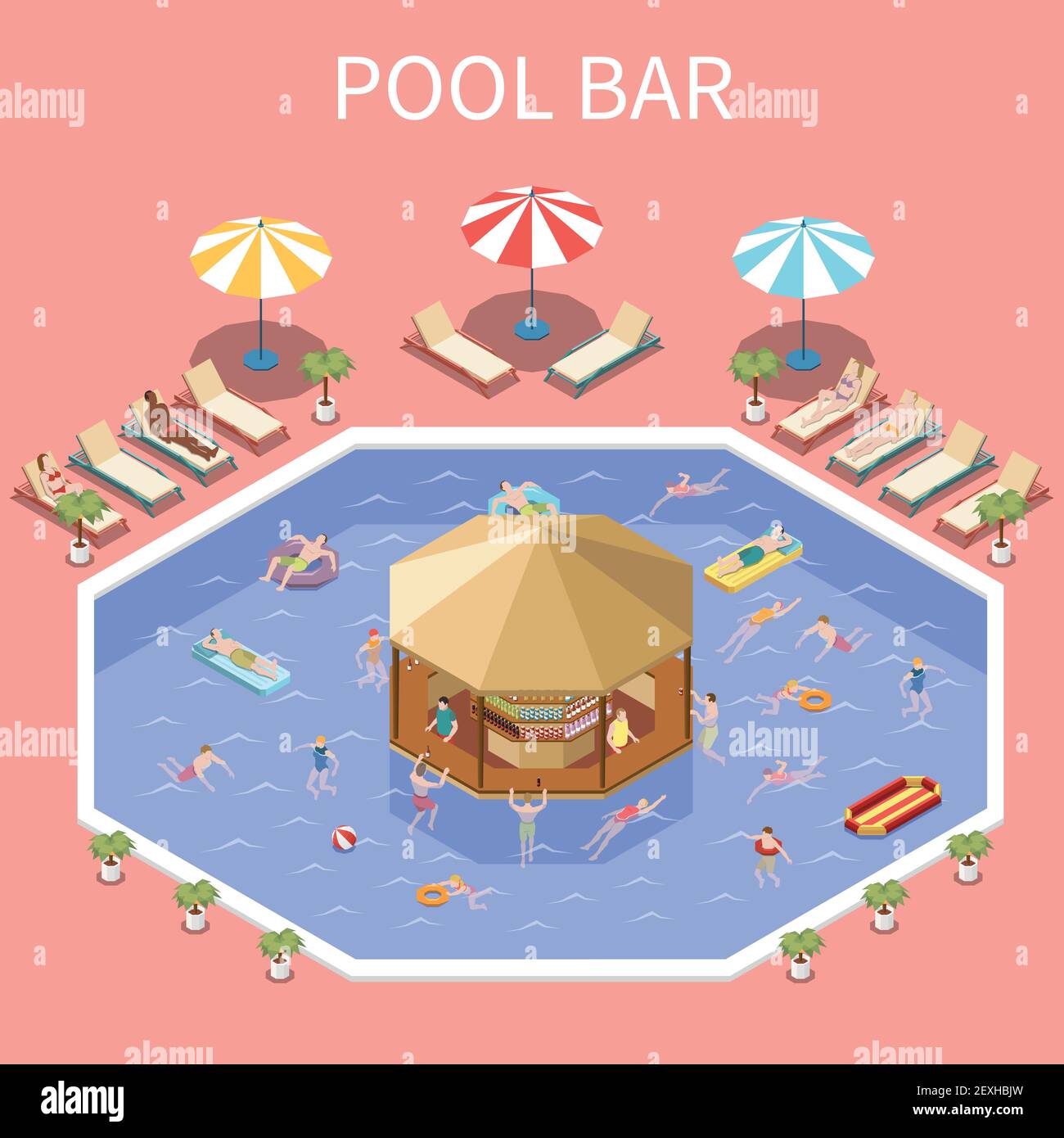Water park aquapark isometric composition with text and open pool ...