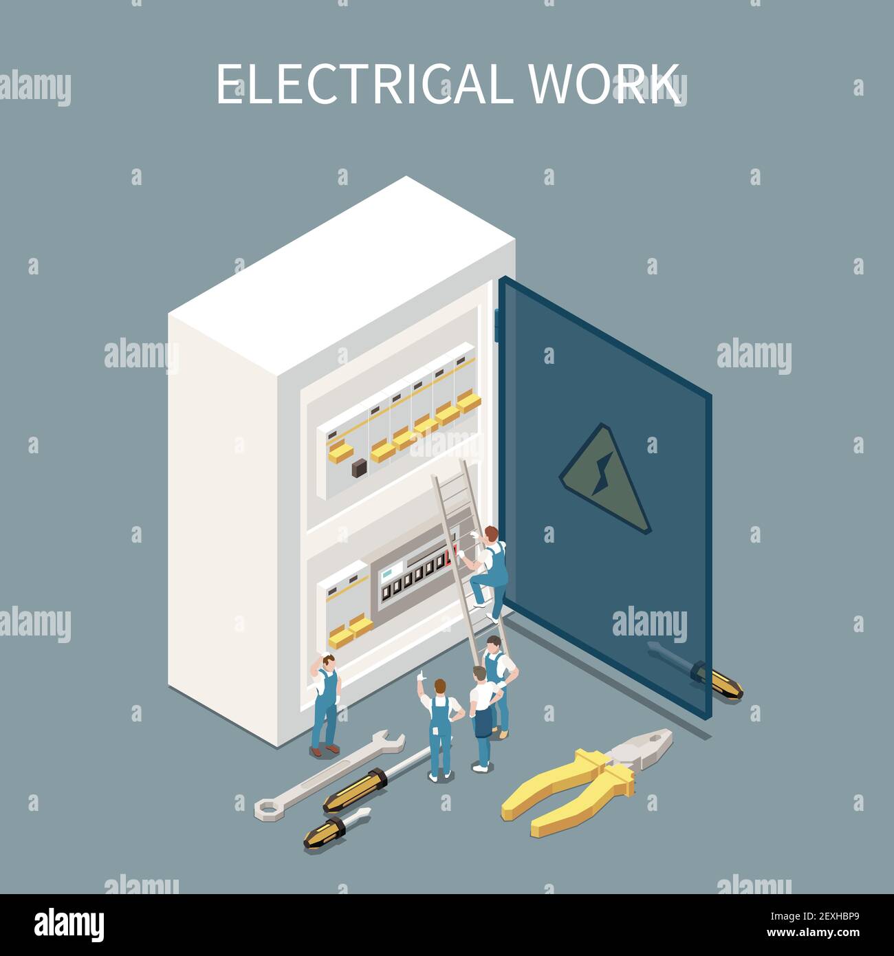Electricity isometric composition with conceptual images of electrical ...