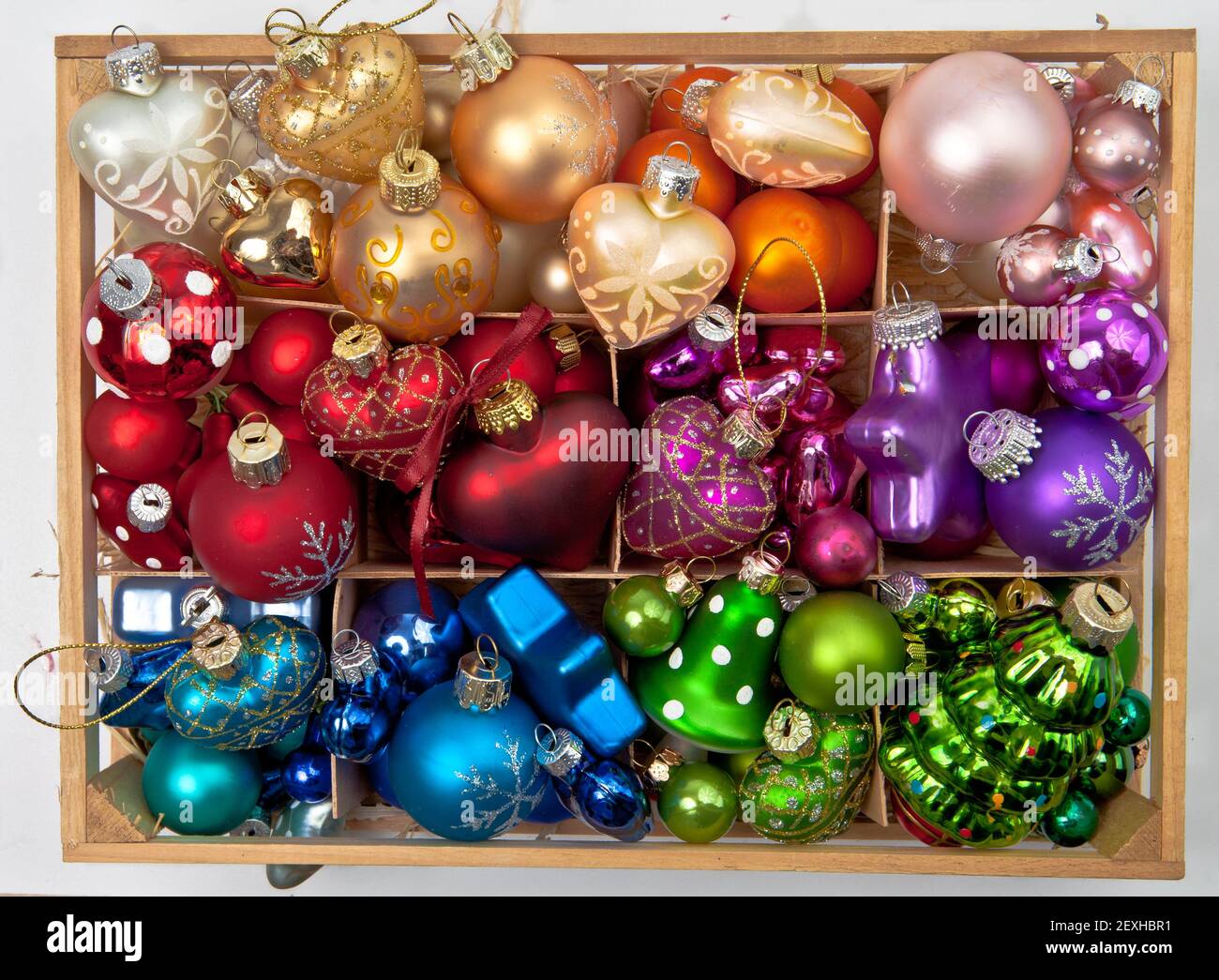 Box with colorful christmas tree balls Stock Photo - Alamy