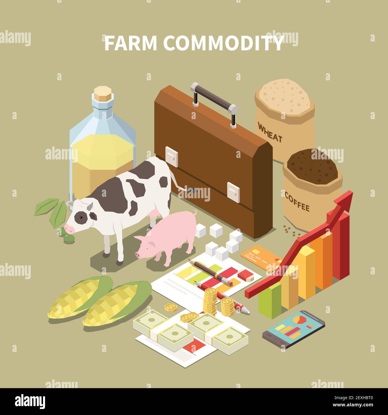 Commodity isometric composition with conceptual images of farming ...