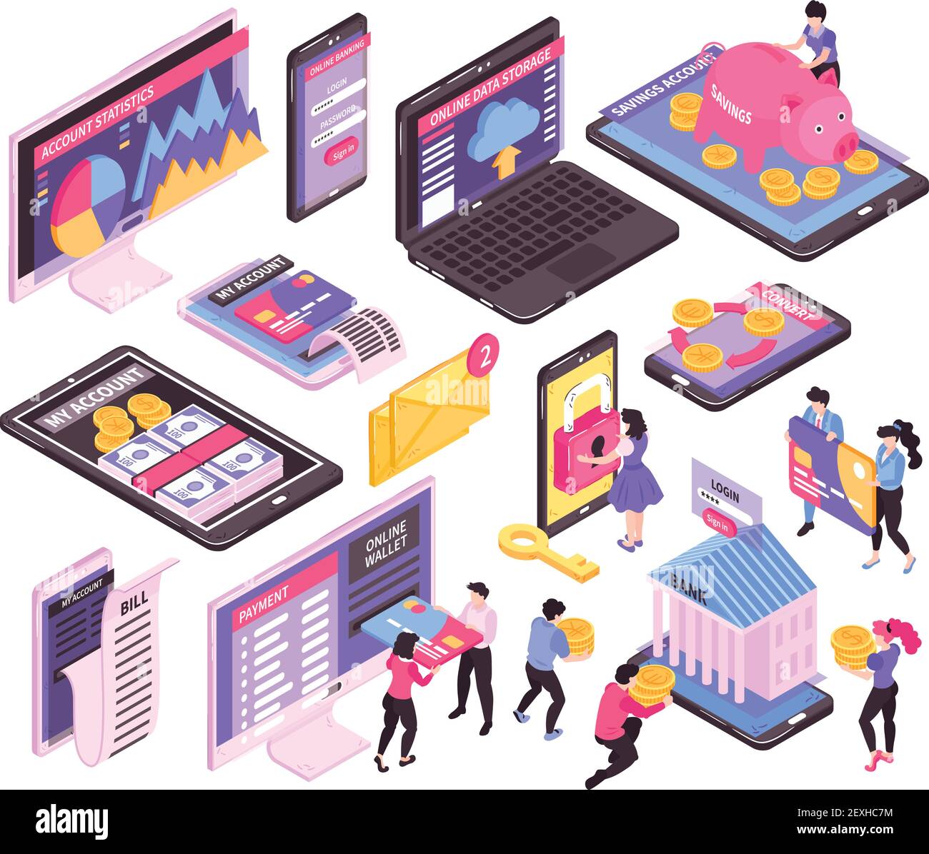 Isometric online mobile banking set of isolated images with electronic ...