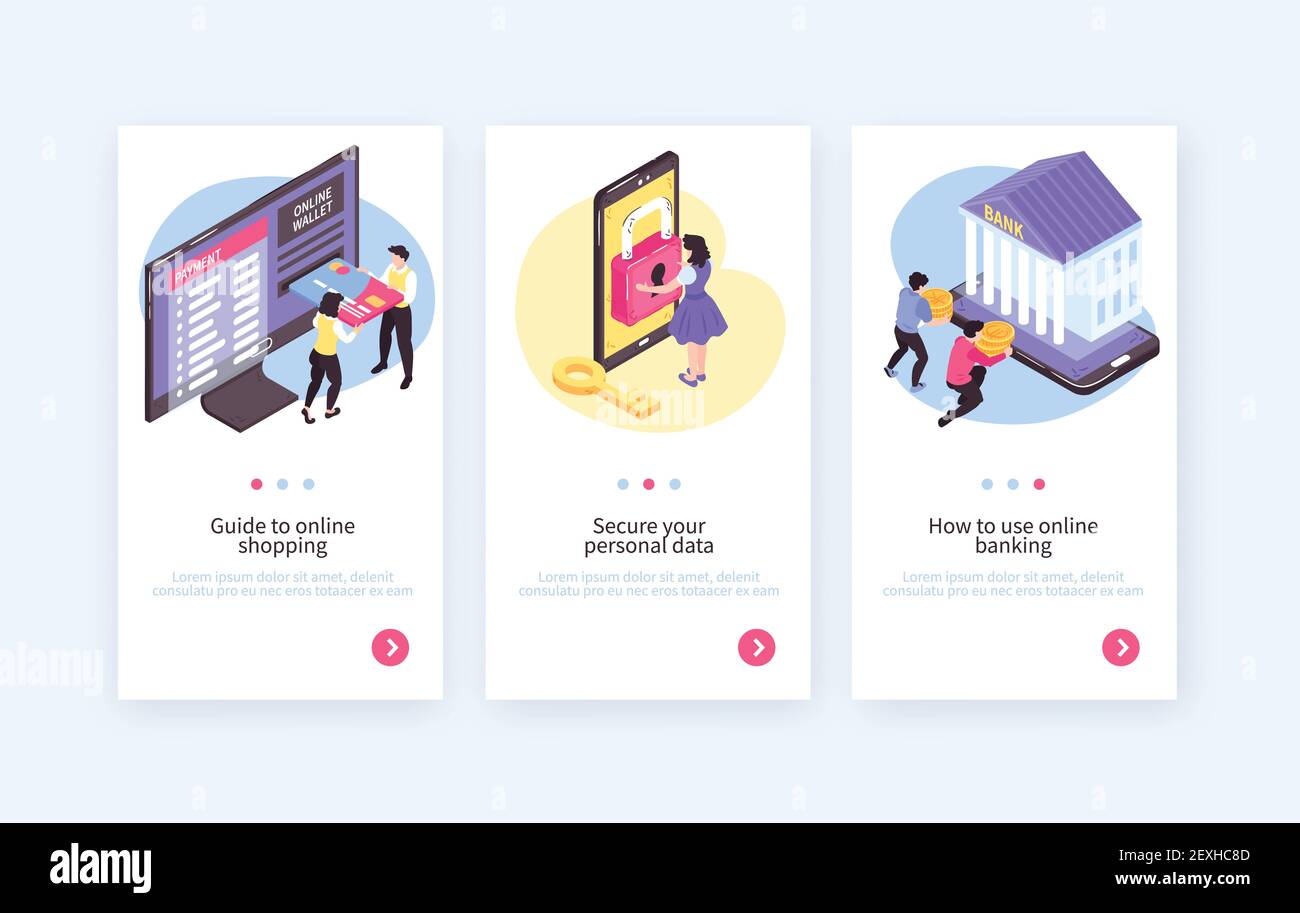 Isometric online mobile banking vertical banners collection with text buttons and images of ...