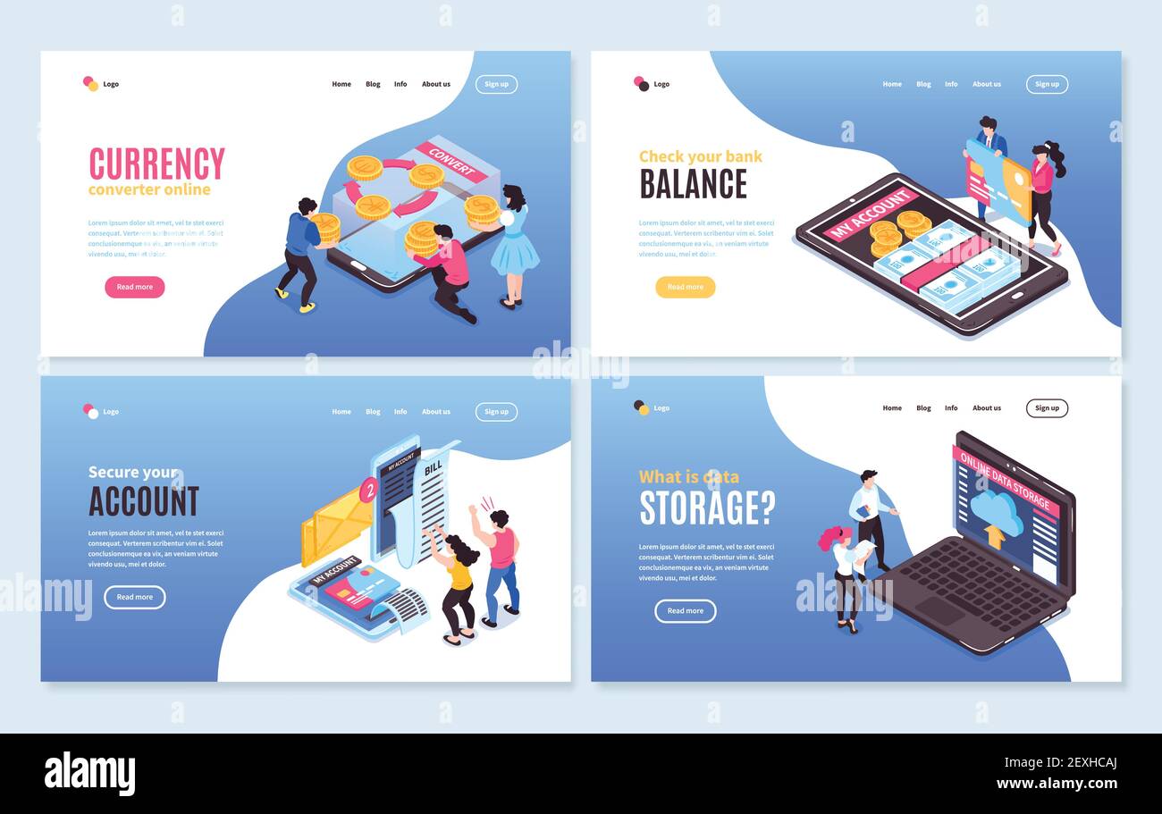 Isometric online mobile banking horizontal banners set with conceptual images of people ...