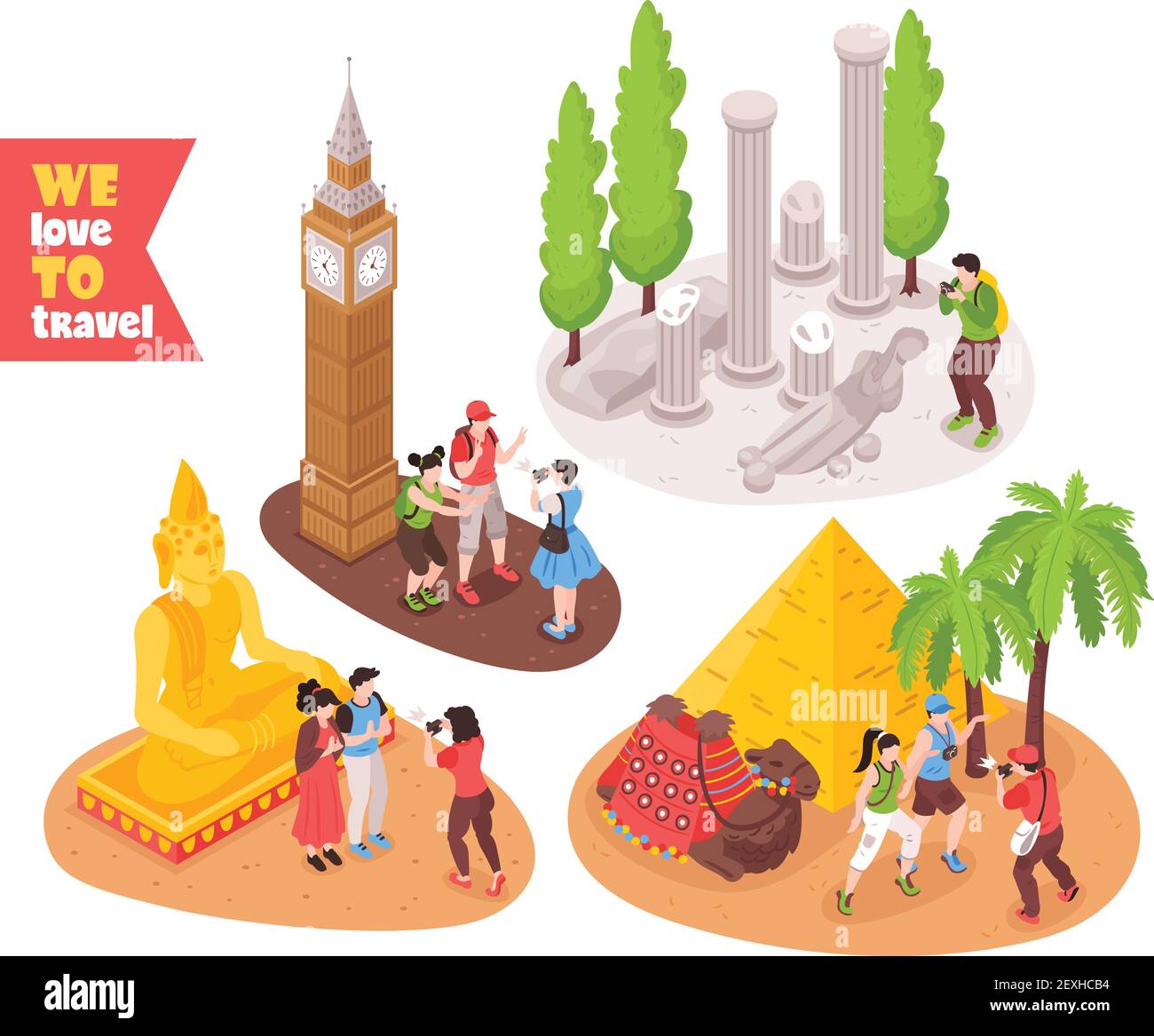 Travel journey concept 4 isometric compositions with tourists visiting ...