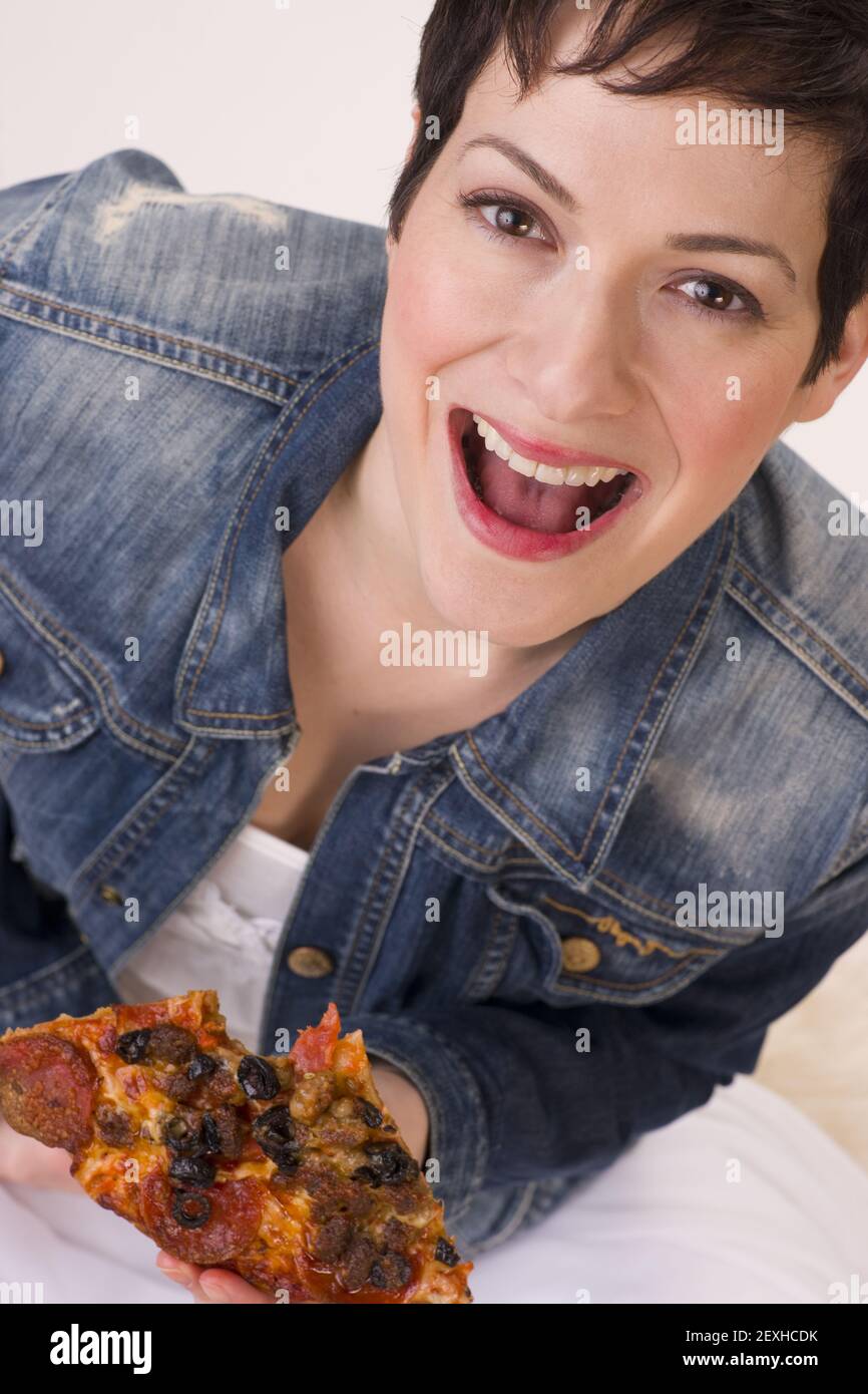 Excited Attractive Woman Eating Hot Pizza Lunch White Background Stock ...