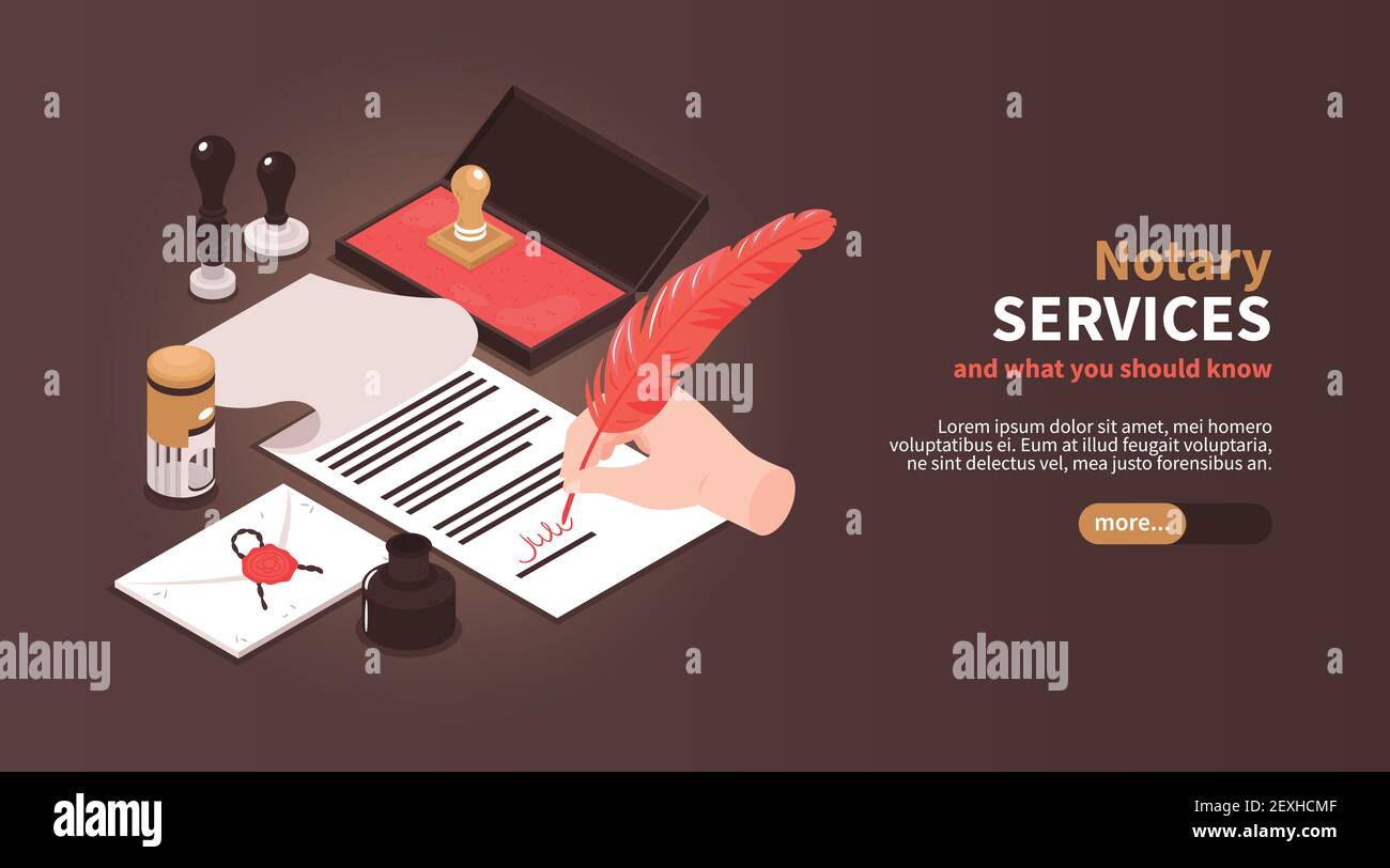 Isometric notary services horizontal banner with vintage workspace ...