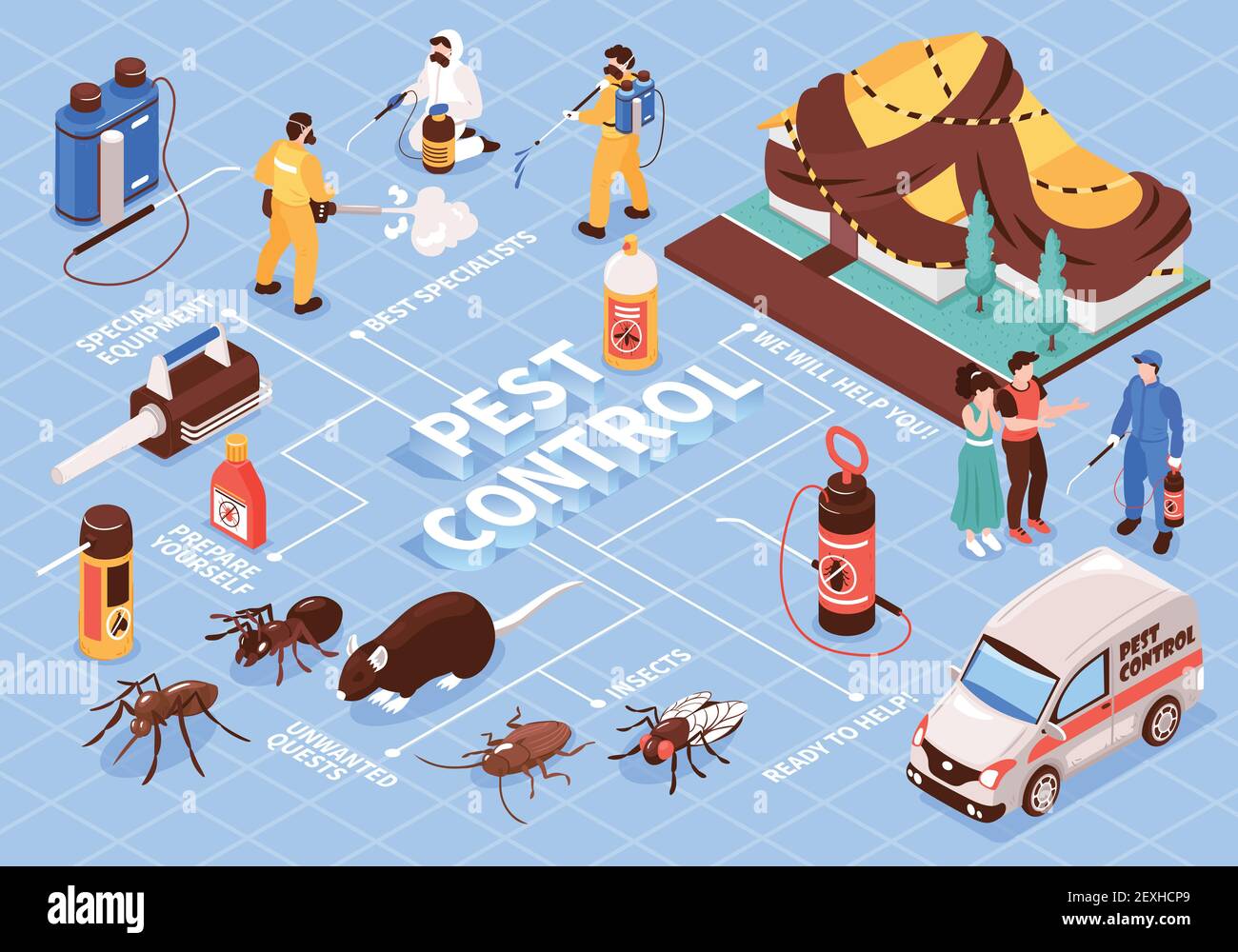 Pest control home office disinfection service isomeric flowchart with ...