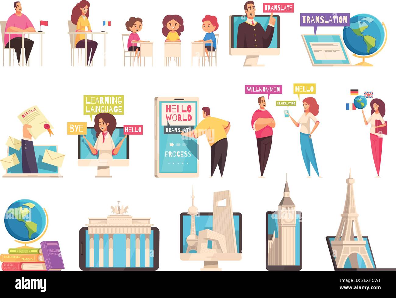 Flat and isolated learning language training center icon set with ...