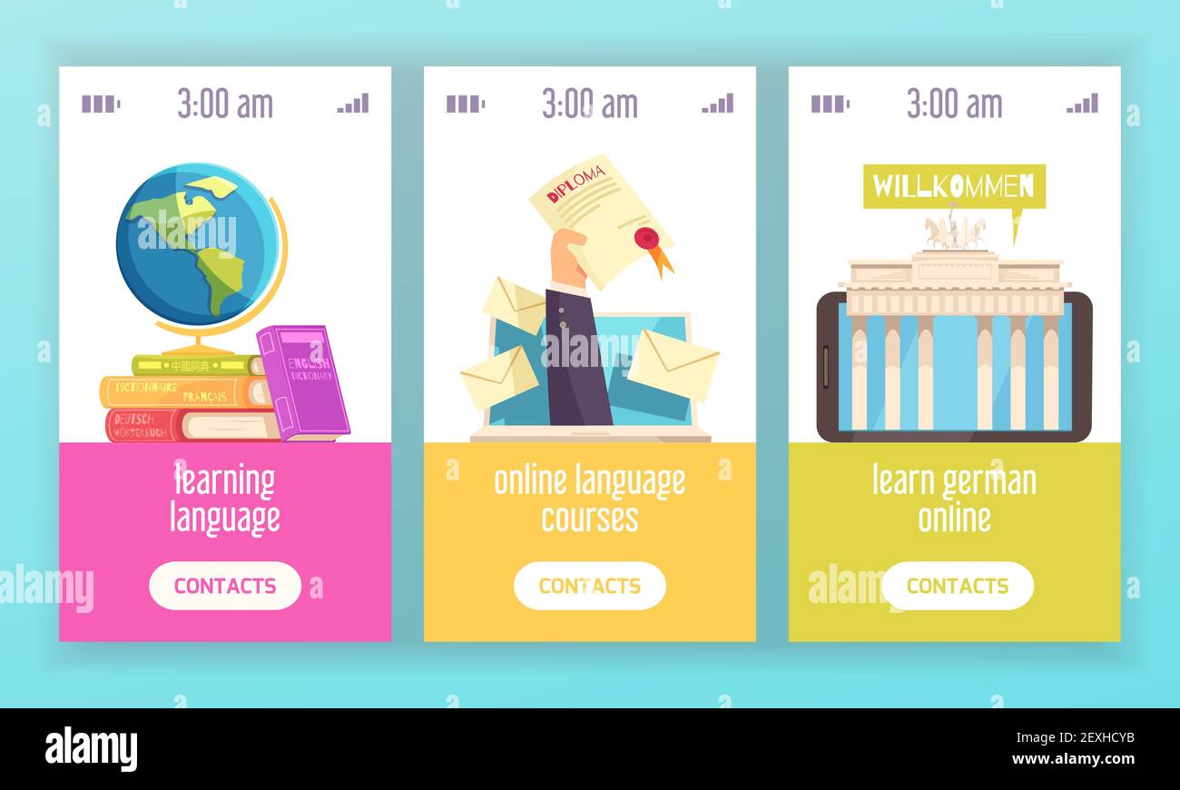 Language training center 3 vertical colorful banners advertising ...