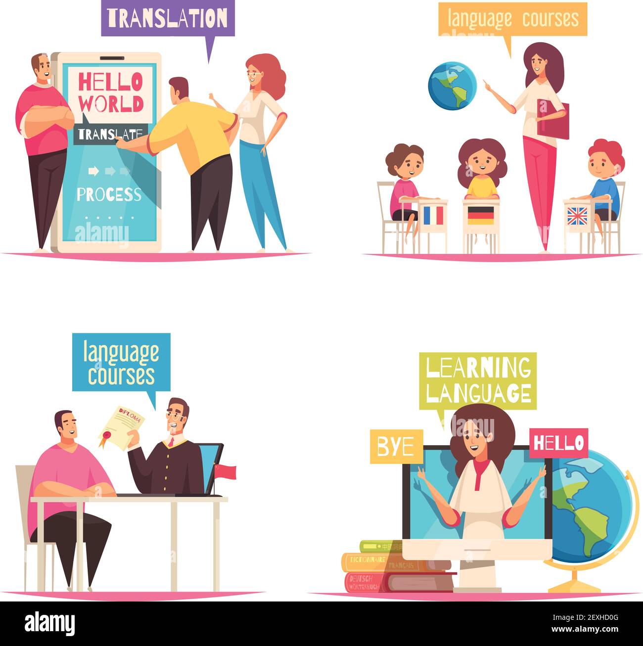 Language center concept 4 flat cartoon compositions with online ...