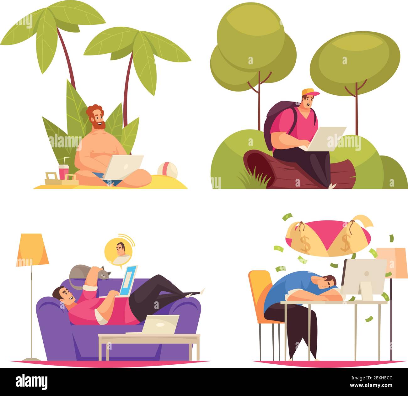 Freelance remote flexible work 4 cartoon concept compositions with ...