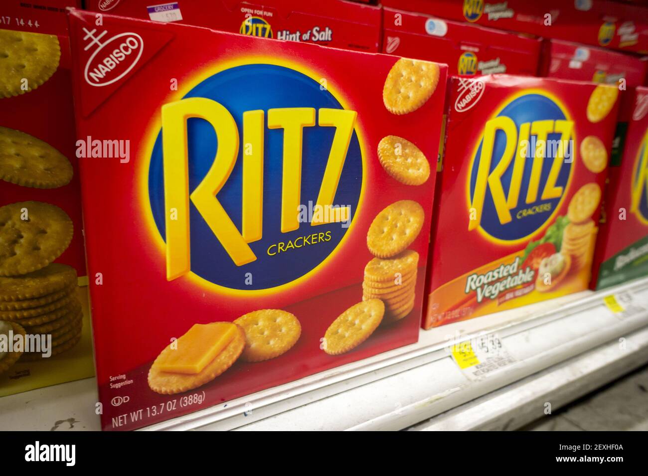 Boxes of Mondelez International Ritz Crackers on a supermarket shelf in ...