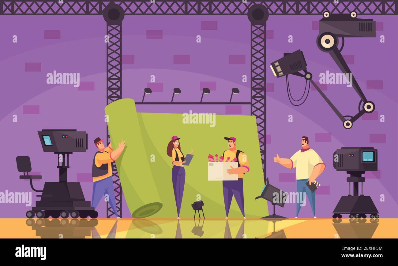 Movie cinema production process flat cartoon composition with film crew ...