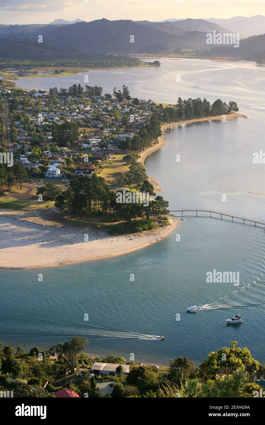 Panui and estuary with boats from Mt Paku in Tairua on the Coromandel ...