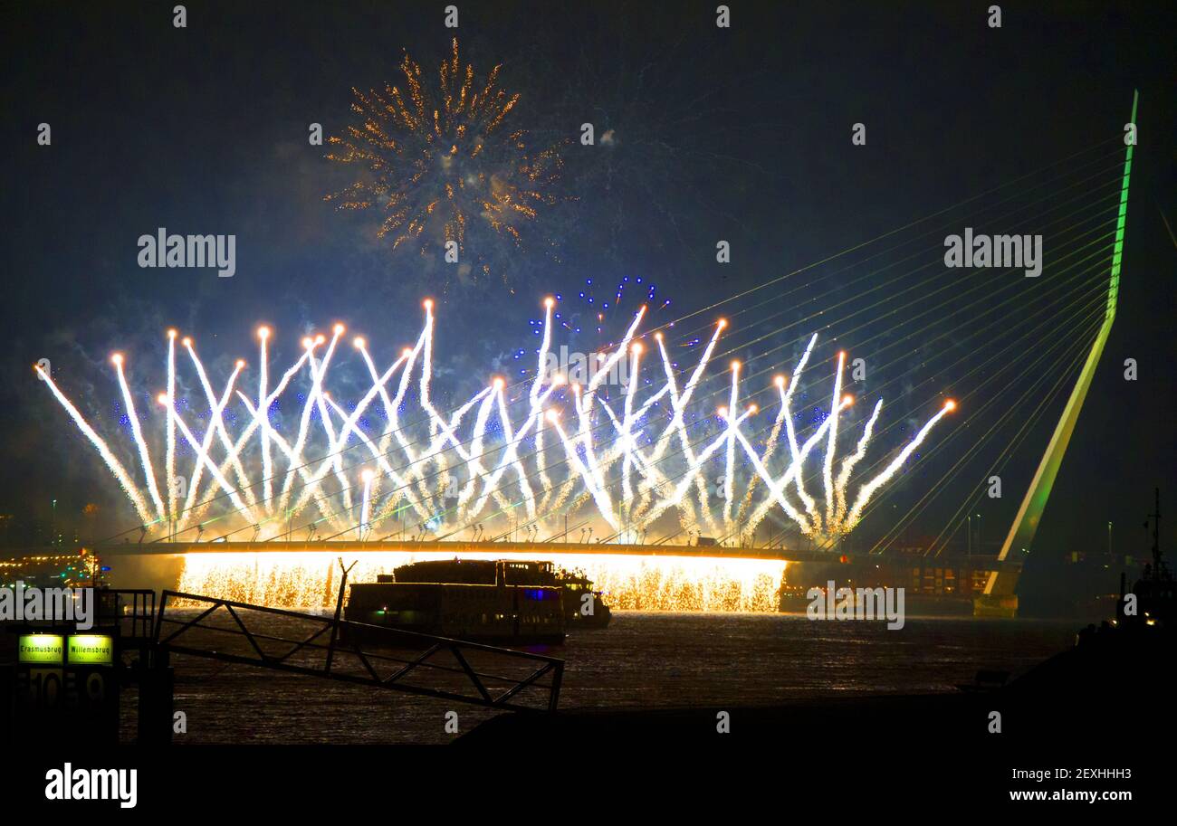 New Year fireworks above Erasmusbrug in Rotterdam, Netherlands on ...
