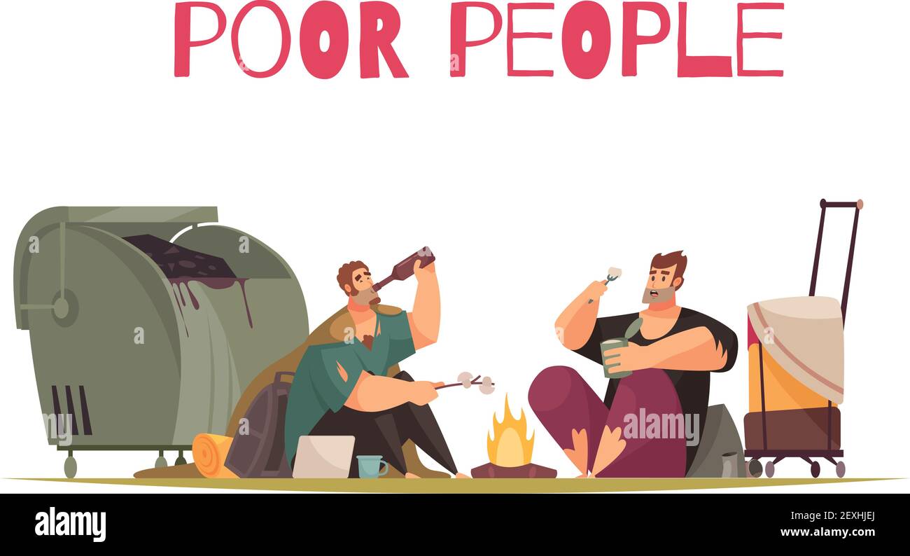 Poor homeless men gathering bottles food in garbage can cooking on open ...