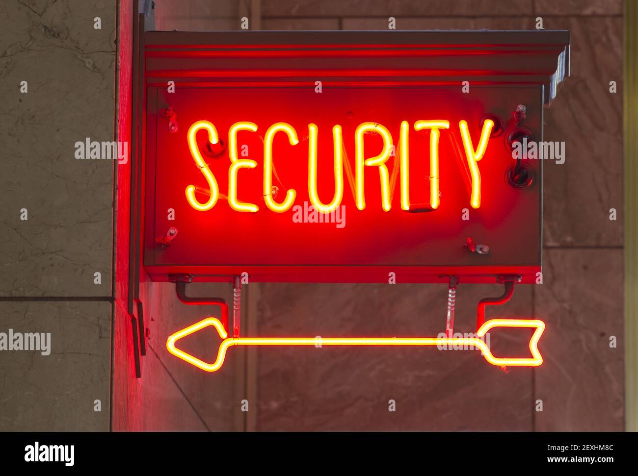 Red Neon Security Sign Indoor Signage Arrow Pointing Stock Photo - Alamy