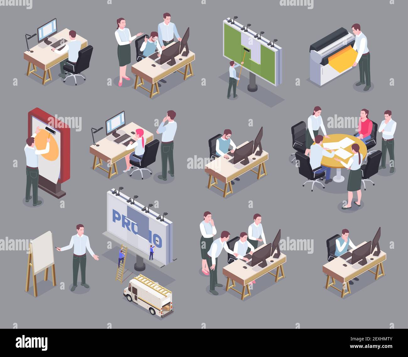 Advertising agency staff at their workplaces isometric icons set ...