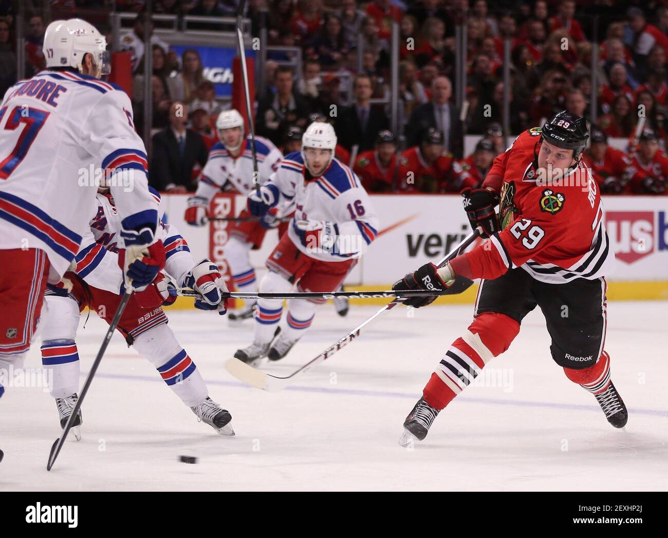 Chicago Blackhawks left wing Bryan Bickell (29) takes a shot on goal in ...