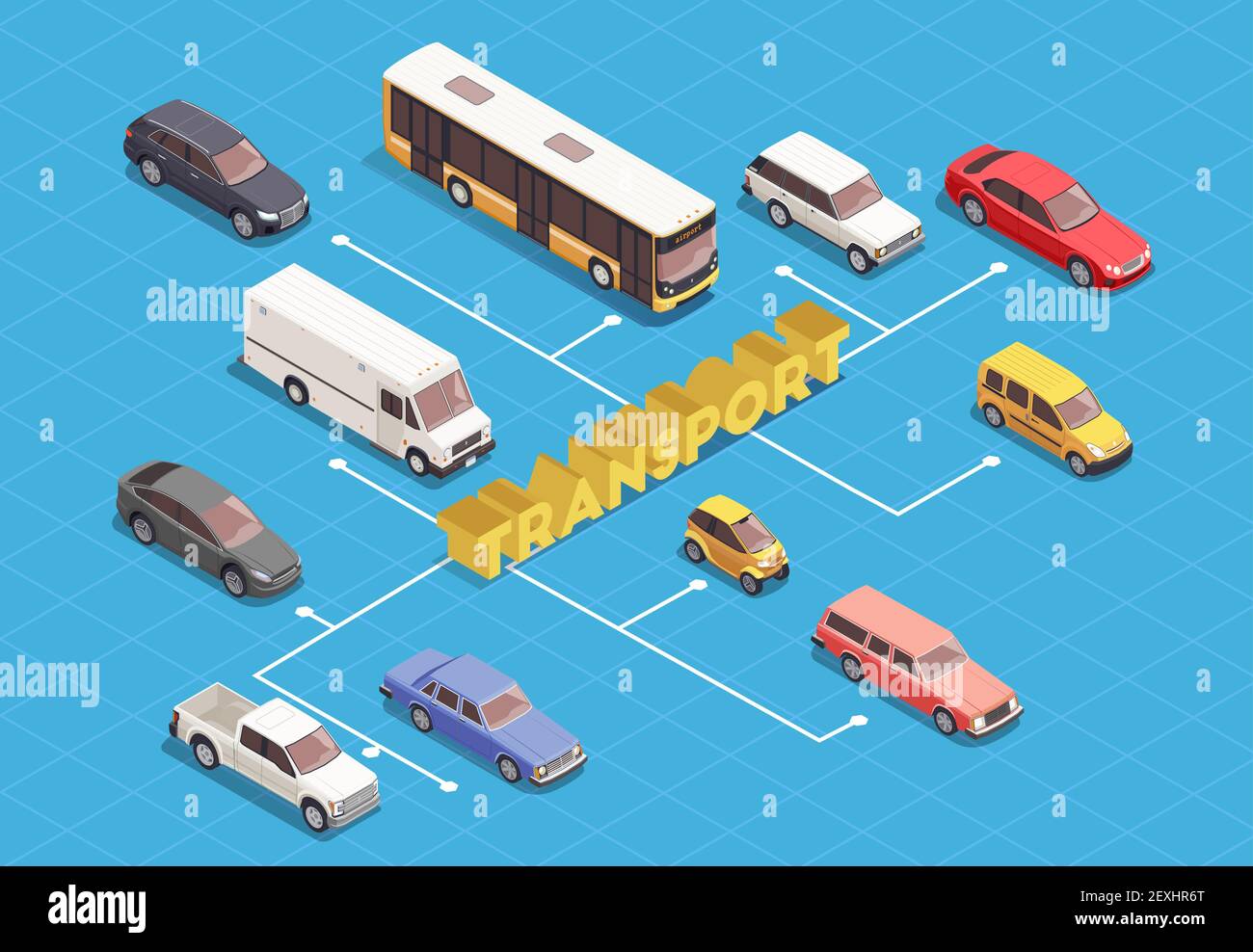Transport isometric flowchart with various vehicles on blue background ...