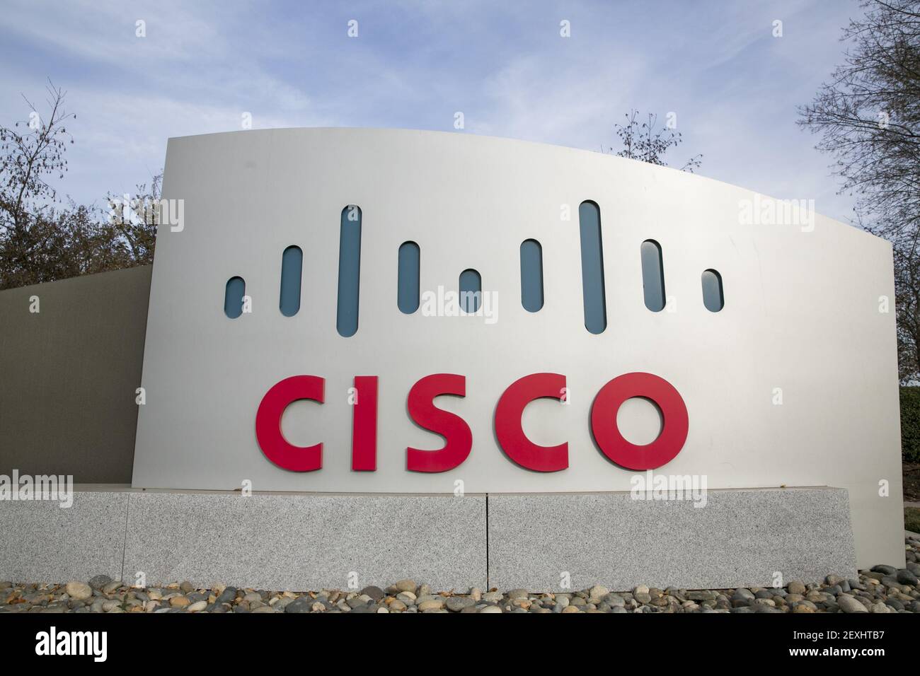 A sign on the headquarters campus of Cisco Systems in San Jose ...