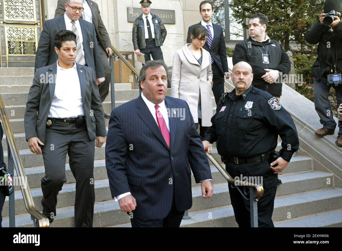 New Jersey Gov. Chris Christie leaves Fort Lee, N.J.'s city hall after ...