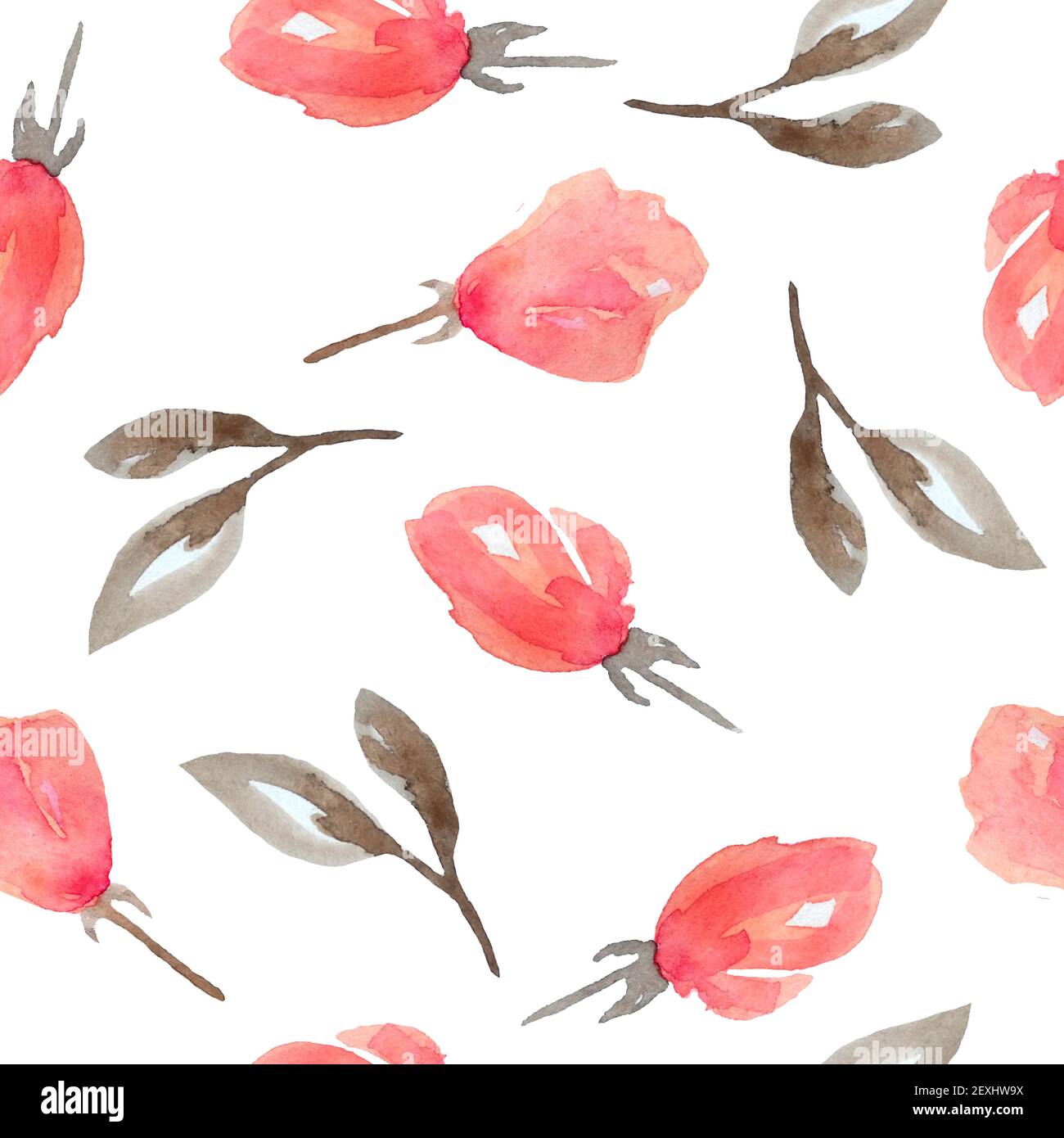 Watercolor seamless pattern of pink blush roses flowers and grey brown ...
