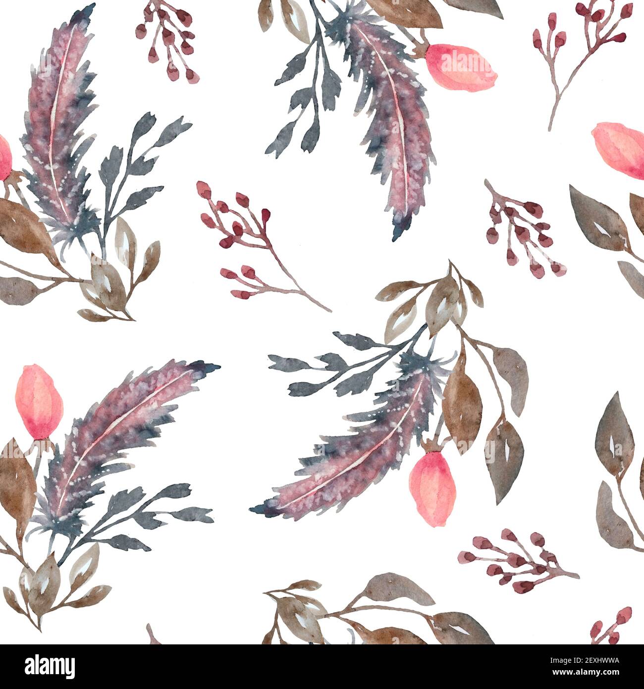 Watercolor seamless pattern with pink and brown boho bohemian feathers ...