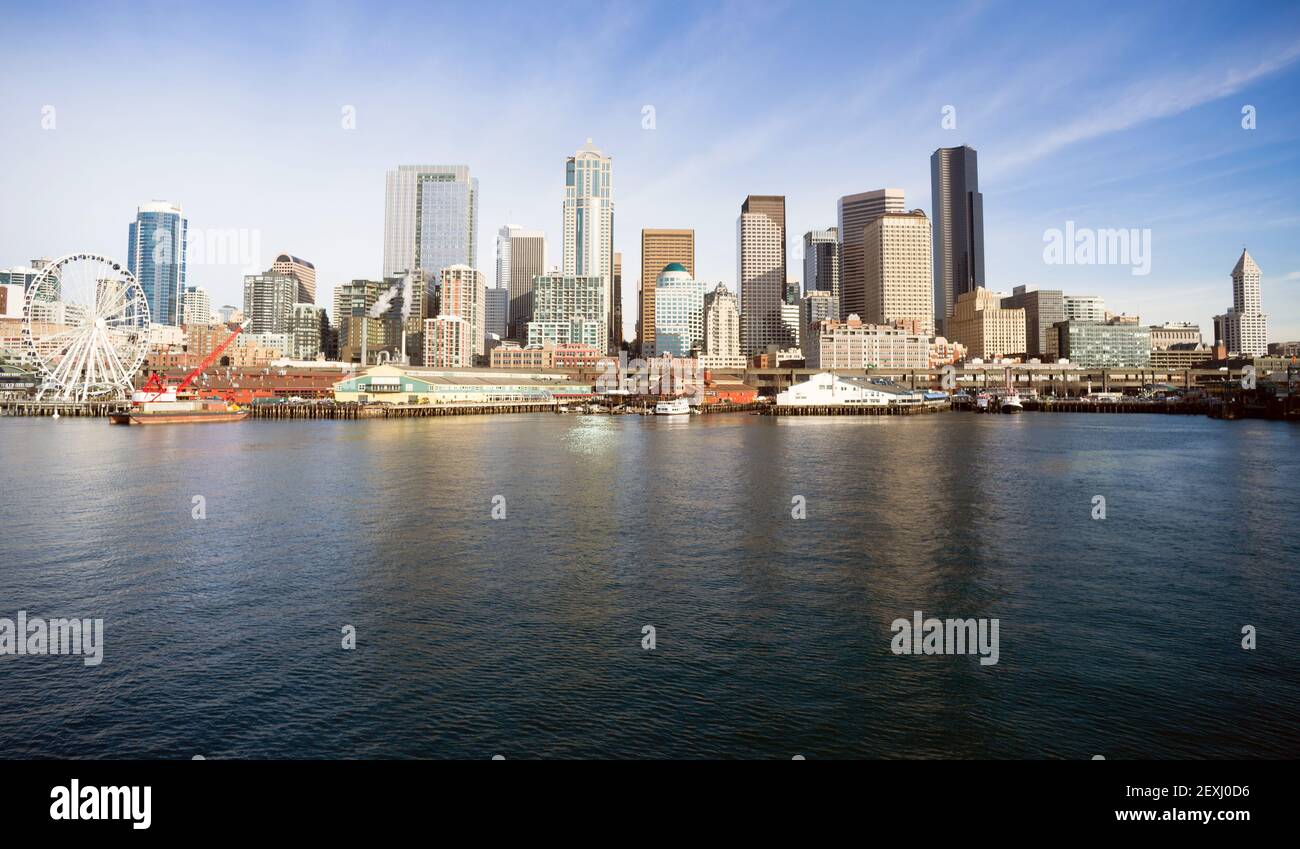 Waterfront Piers Dock Buildings Ferris Wheel Boats Seattle Elliott Bay ...