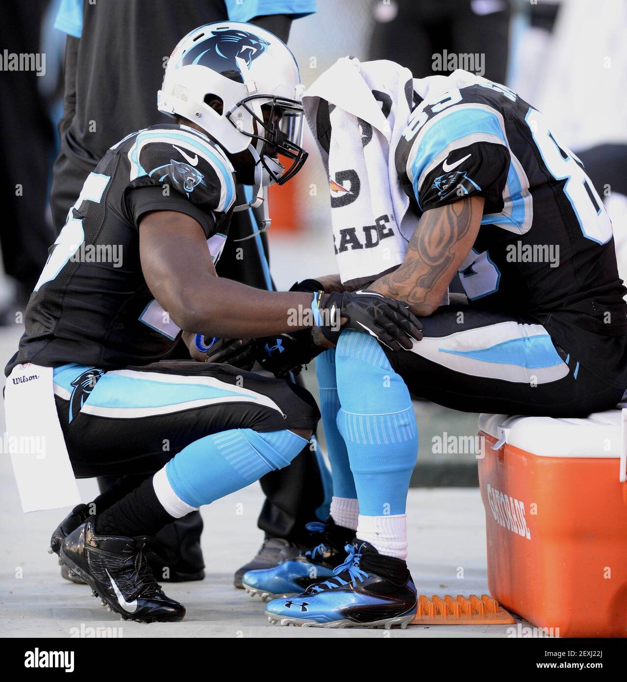 Carolina Panthers' Kenjon Barner (25) talks with Steve Smith (89) on ...