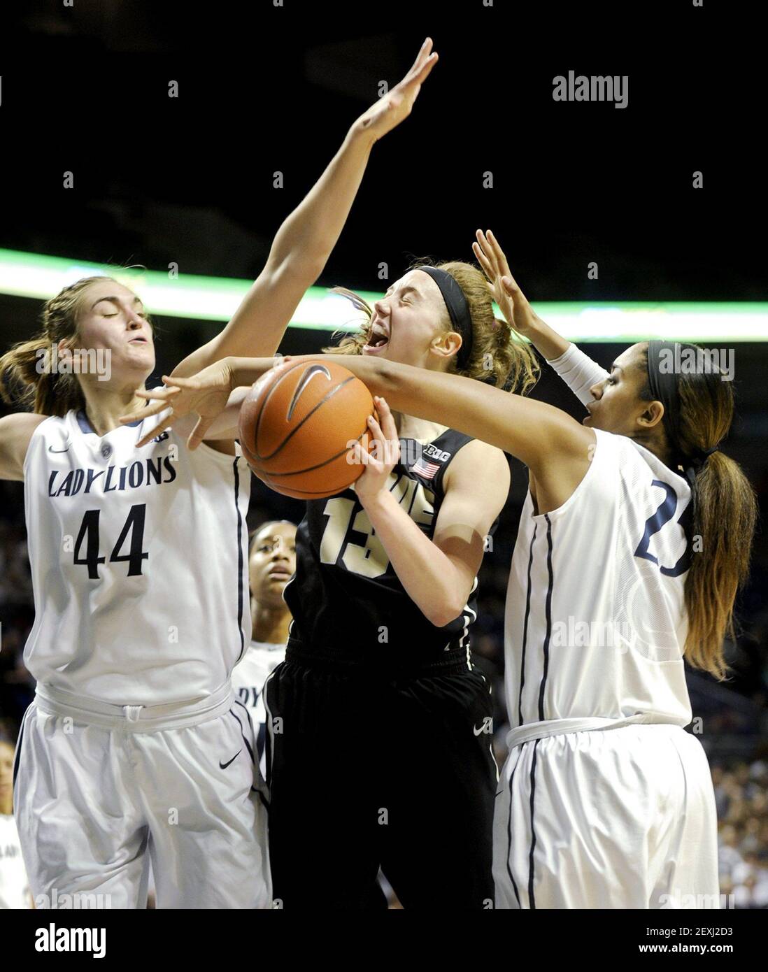 Penn State's Tori Waldner and Peyton Whitted pull the ball away from ...
