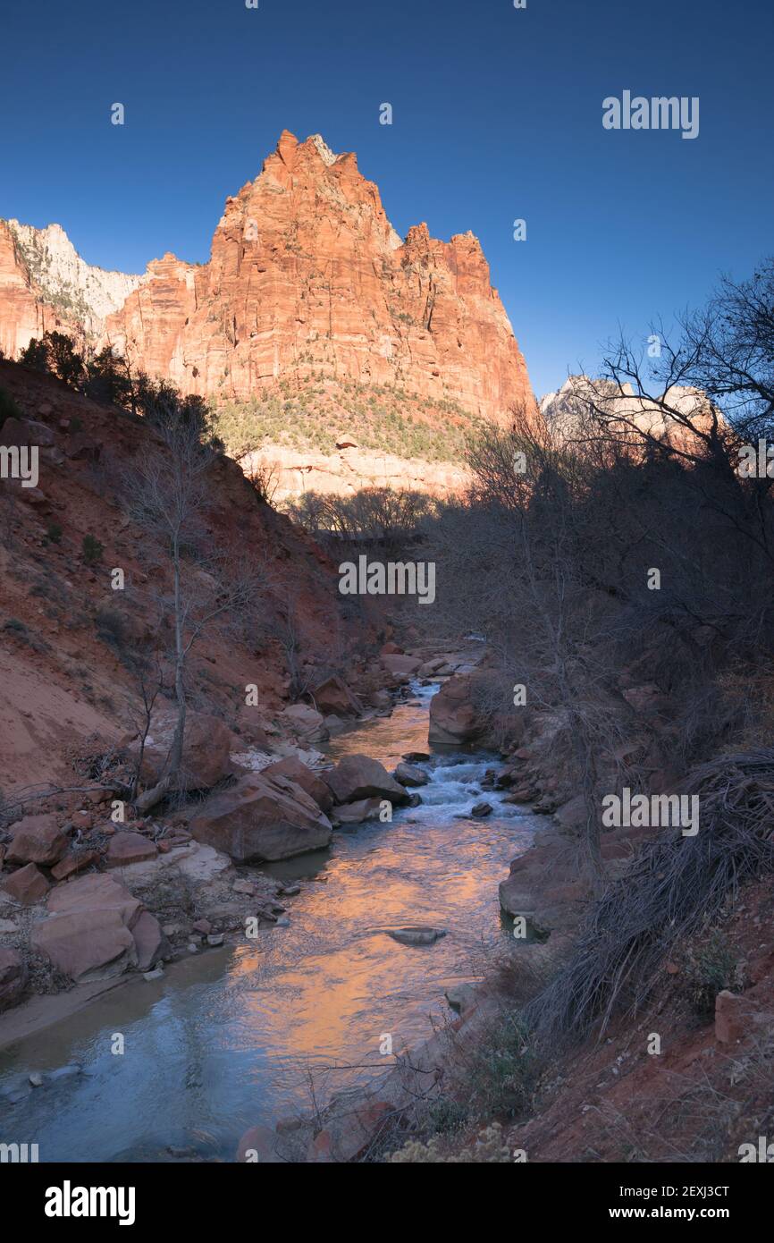 River Flows Sunrise Glow Rocky Butte Zion National Park Stock Photo - Alamy