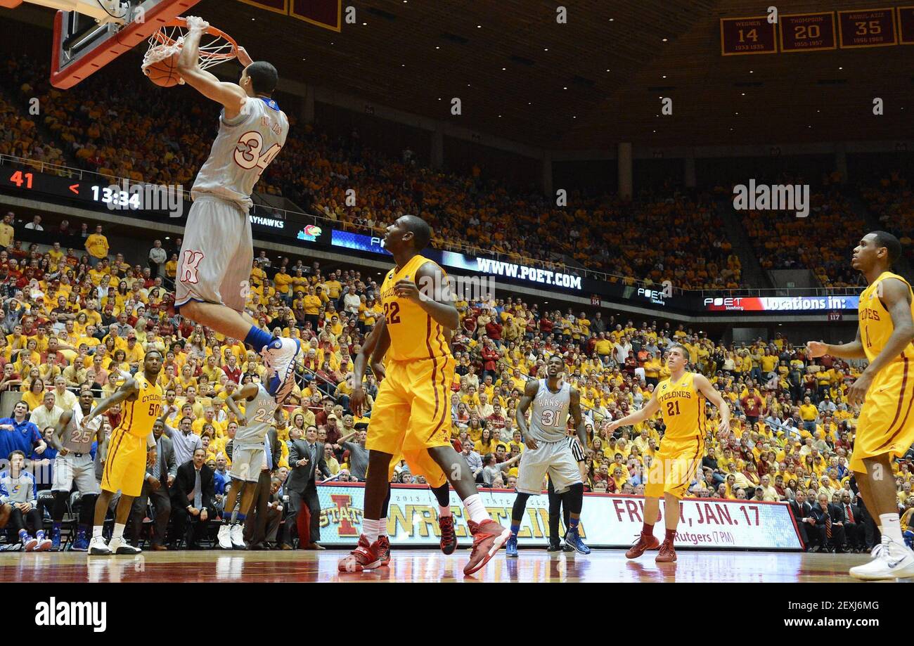 Kansas Jayhawks' Perry Ellis dunks the Iowa State Cyclones during the ...