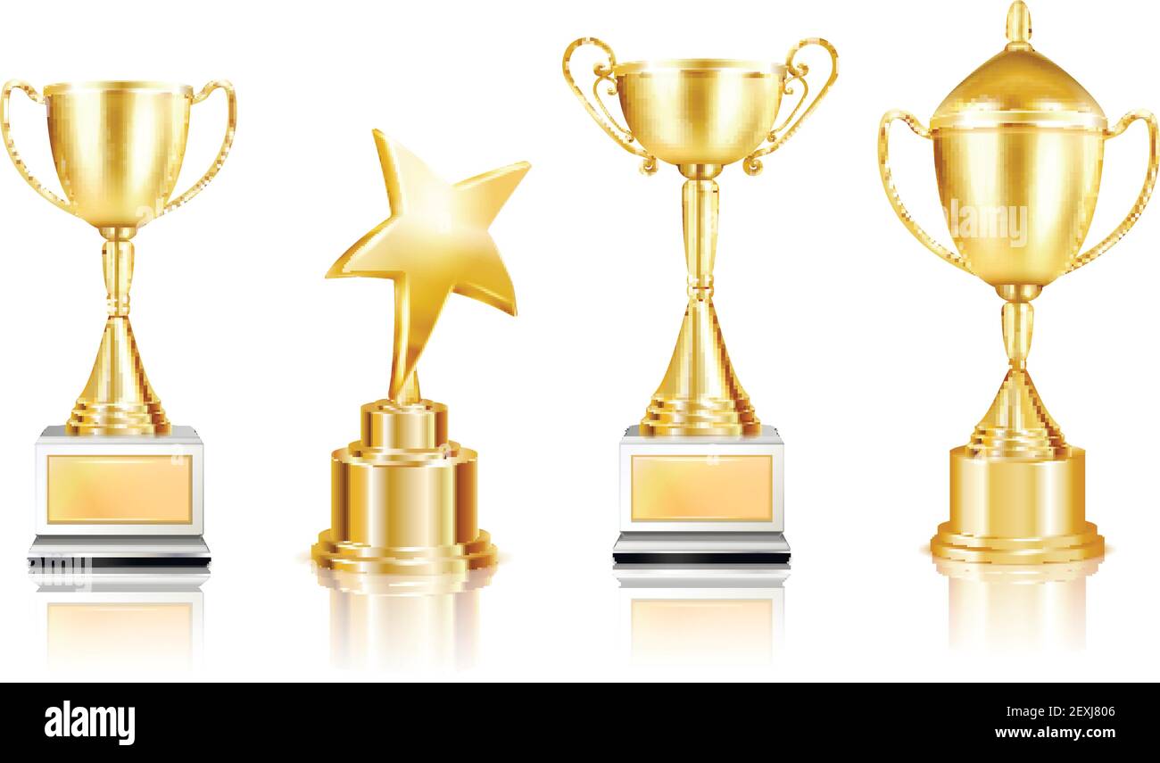 Set of four trophy award realistic images with cups on pedestals with ...