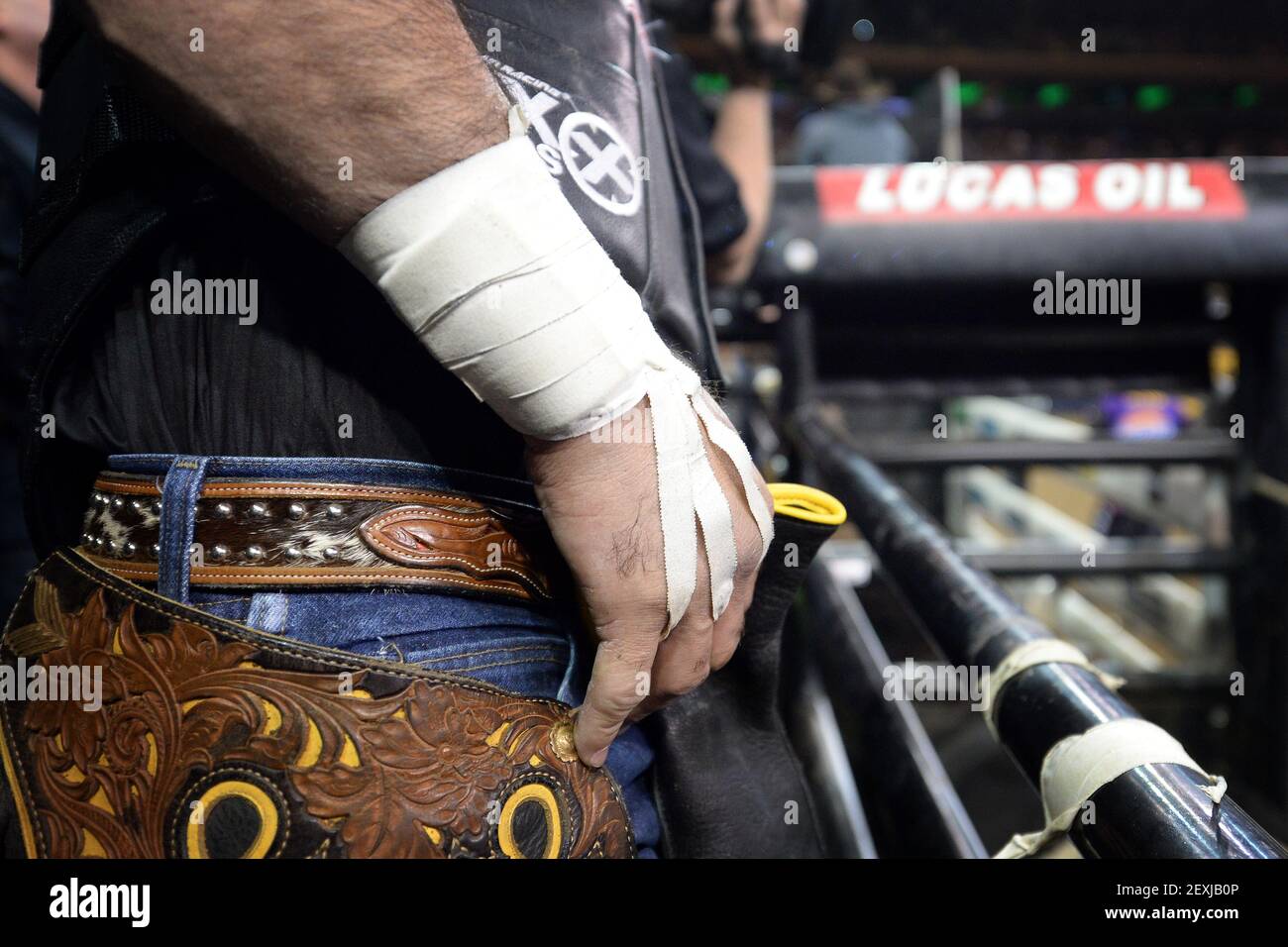 Guilherme Marchi's taped hand at the Professional Bull Riders 2014 ...