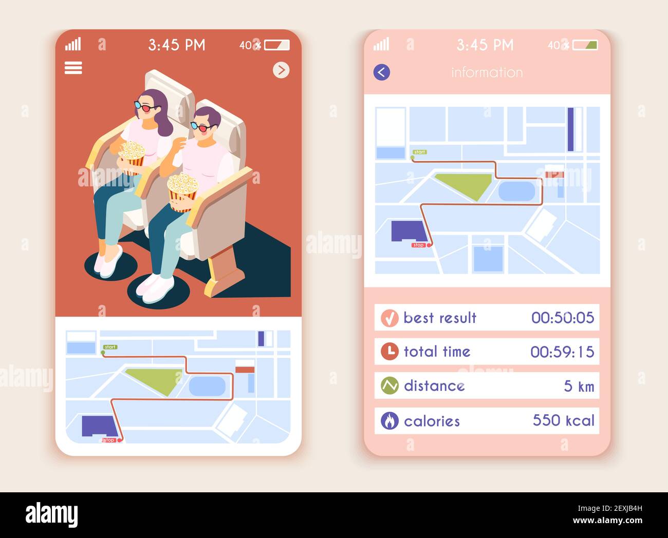 Sedentary lifestyle isometric mobile app interface set with vertical ...