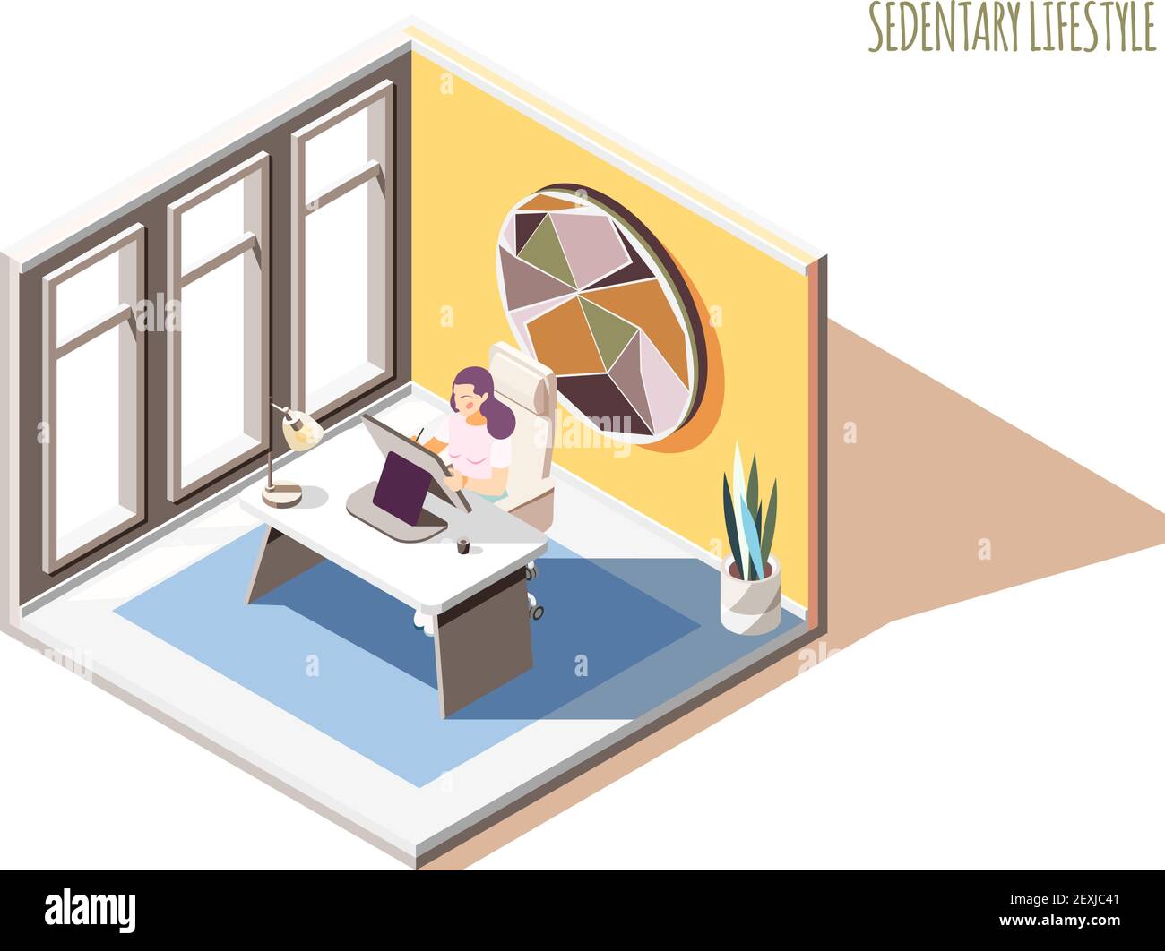 Sedentary lifestyle isometric composition with text and female ...