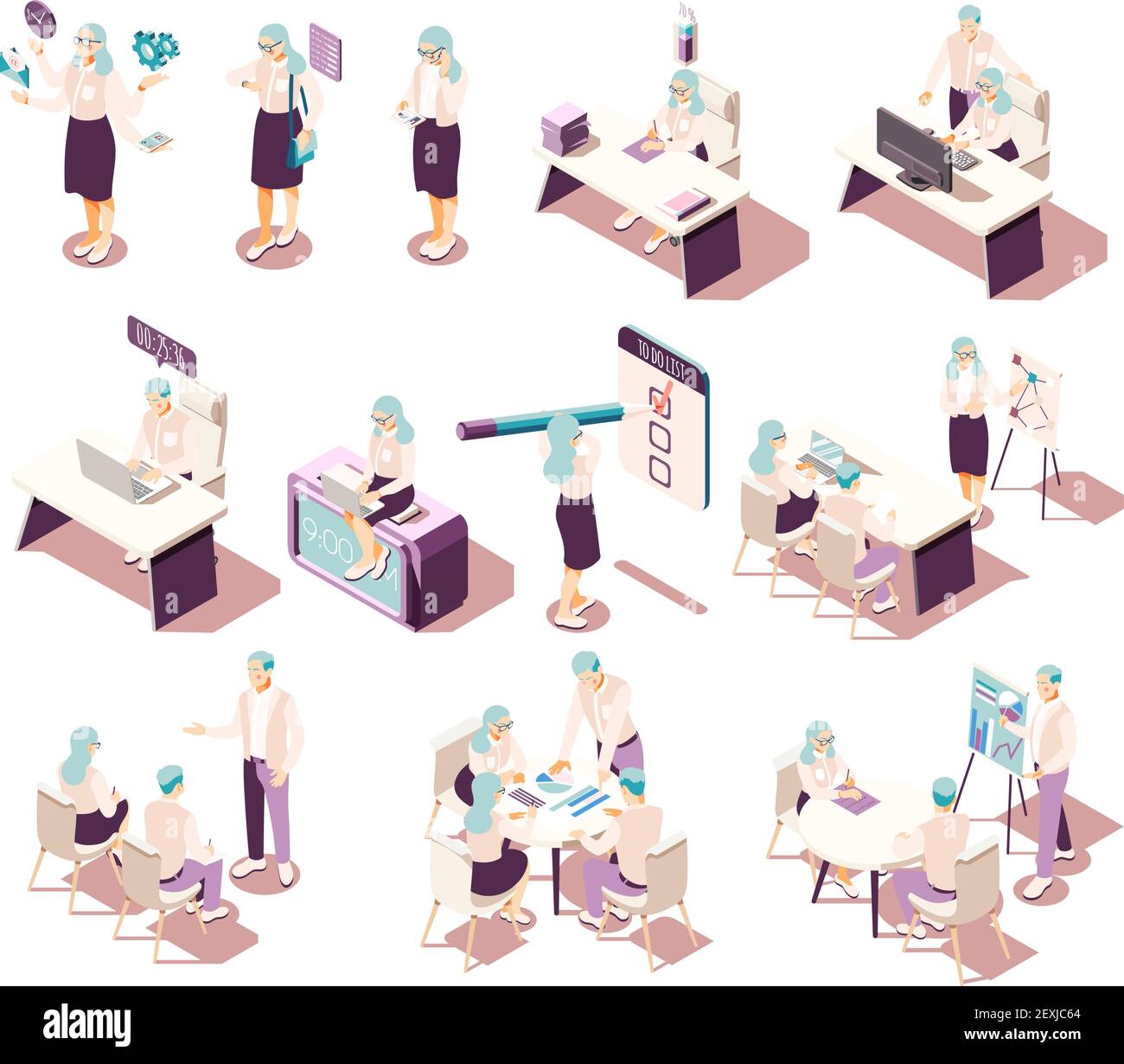 Effective management isometric icons collection with isolated human ...