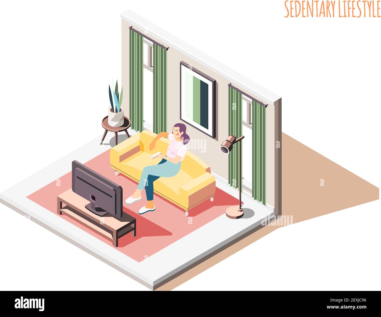 Sedentary lifestyle isometric composition with woman character sitting ...