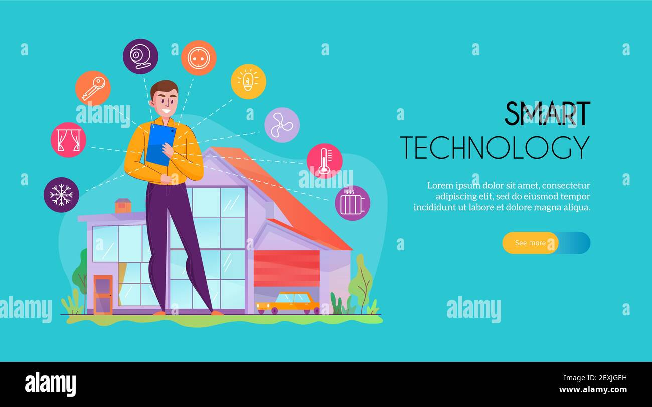 Man standing near building equipped with smart home system colorful ...