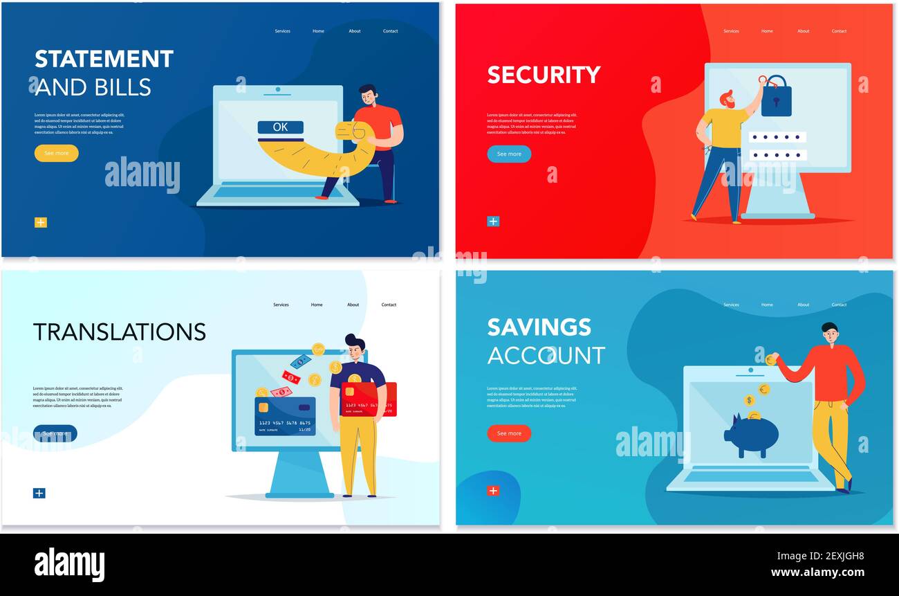 Set of four horizontal banners with various online banking operations ...