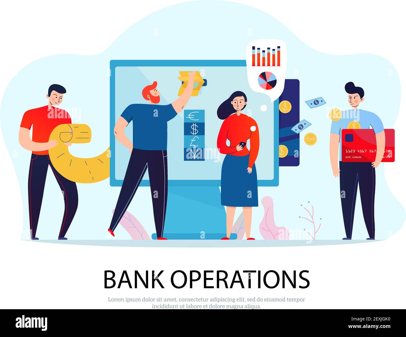 Online banking operations flat composition with people paying bills and ...