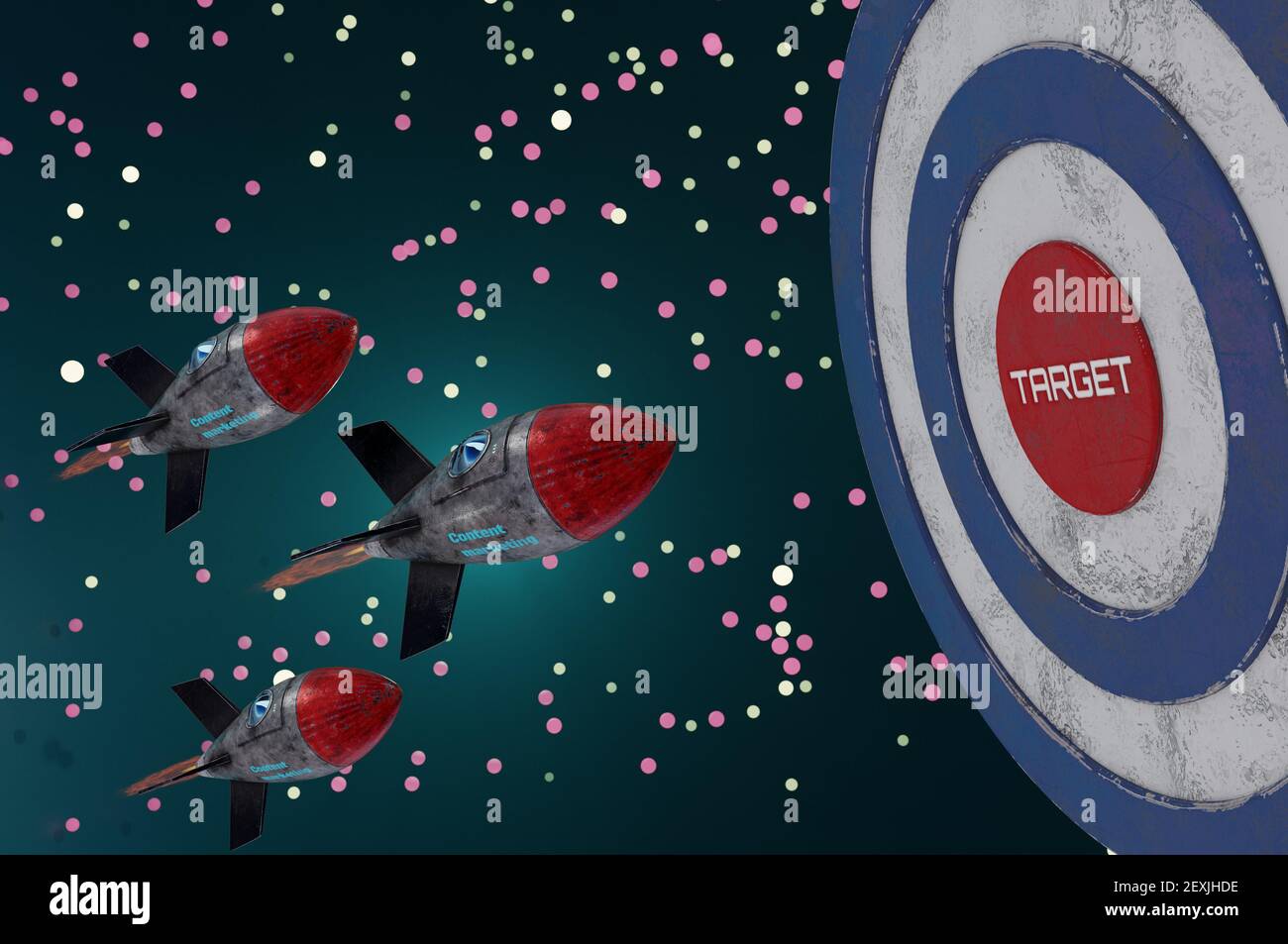 3d illustration. Rocket engine to big target. Business Concept Star up ...