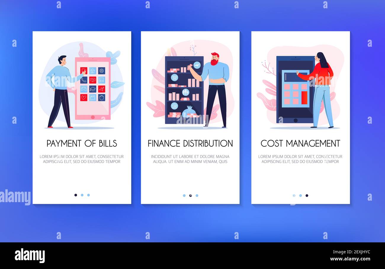 Vertical banners set with people paying bills and distributing finance ...