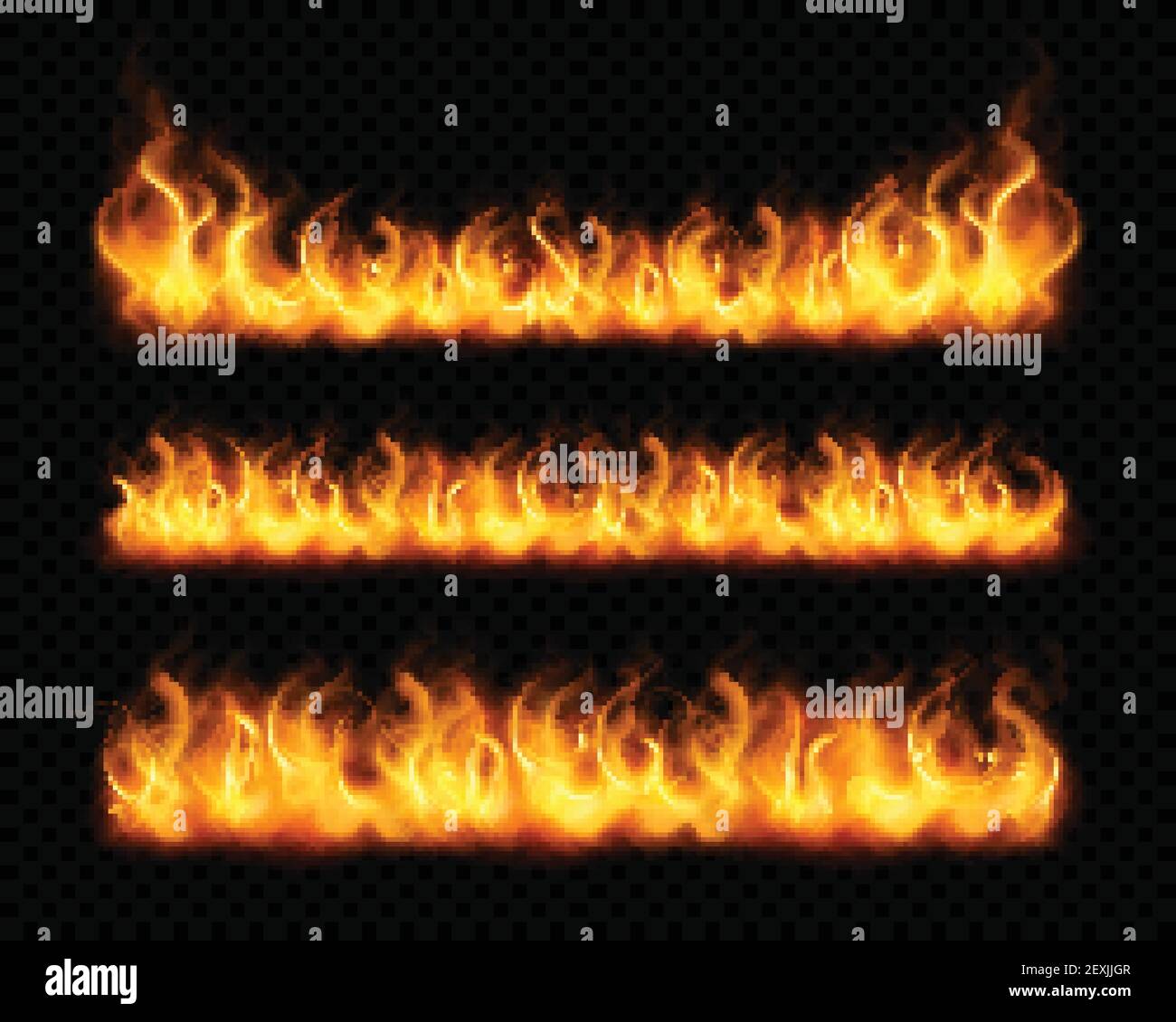 Fire flame realistic borders set of horizontal burning bonfires ...