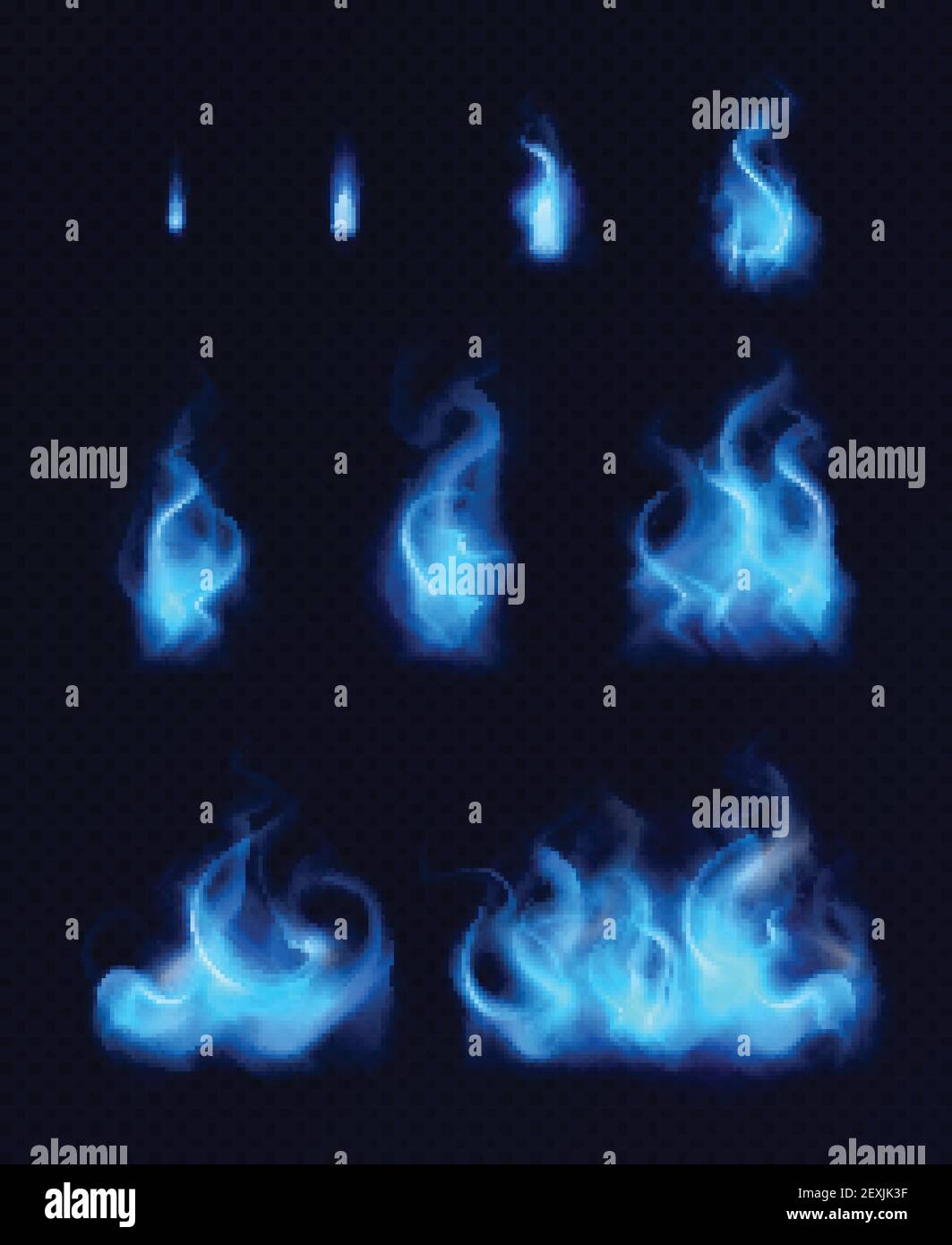 Blue gas flames realistic set of different forms and sizes on black ...